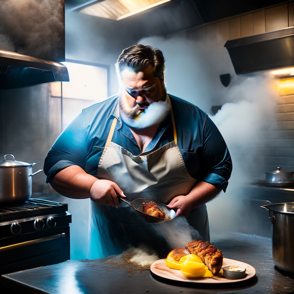 Lexica - Greasy, unhygienic chef in messy kitchen cooking fried chicken ...