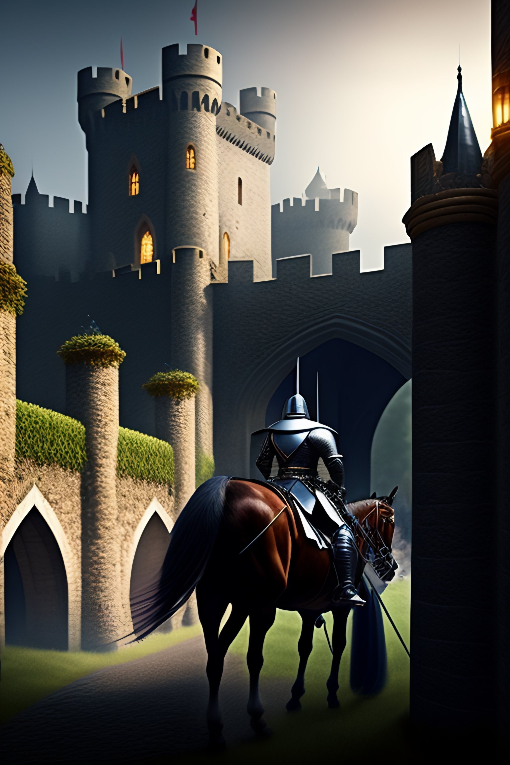 Lexica - Wide photo , realistic , armored knight ,interring the castle ...