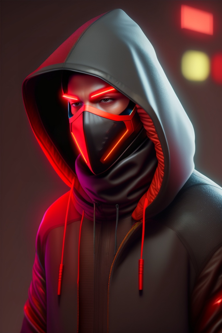 Lexica - Male character in a hood, with red neon and a mask