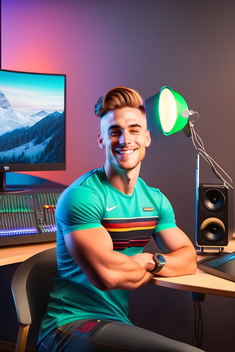 Lexica - A portrait of a tech YouTuber, setting on his studio in a ...