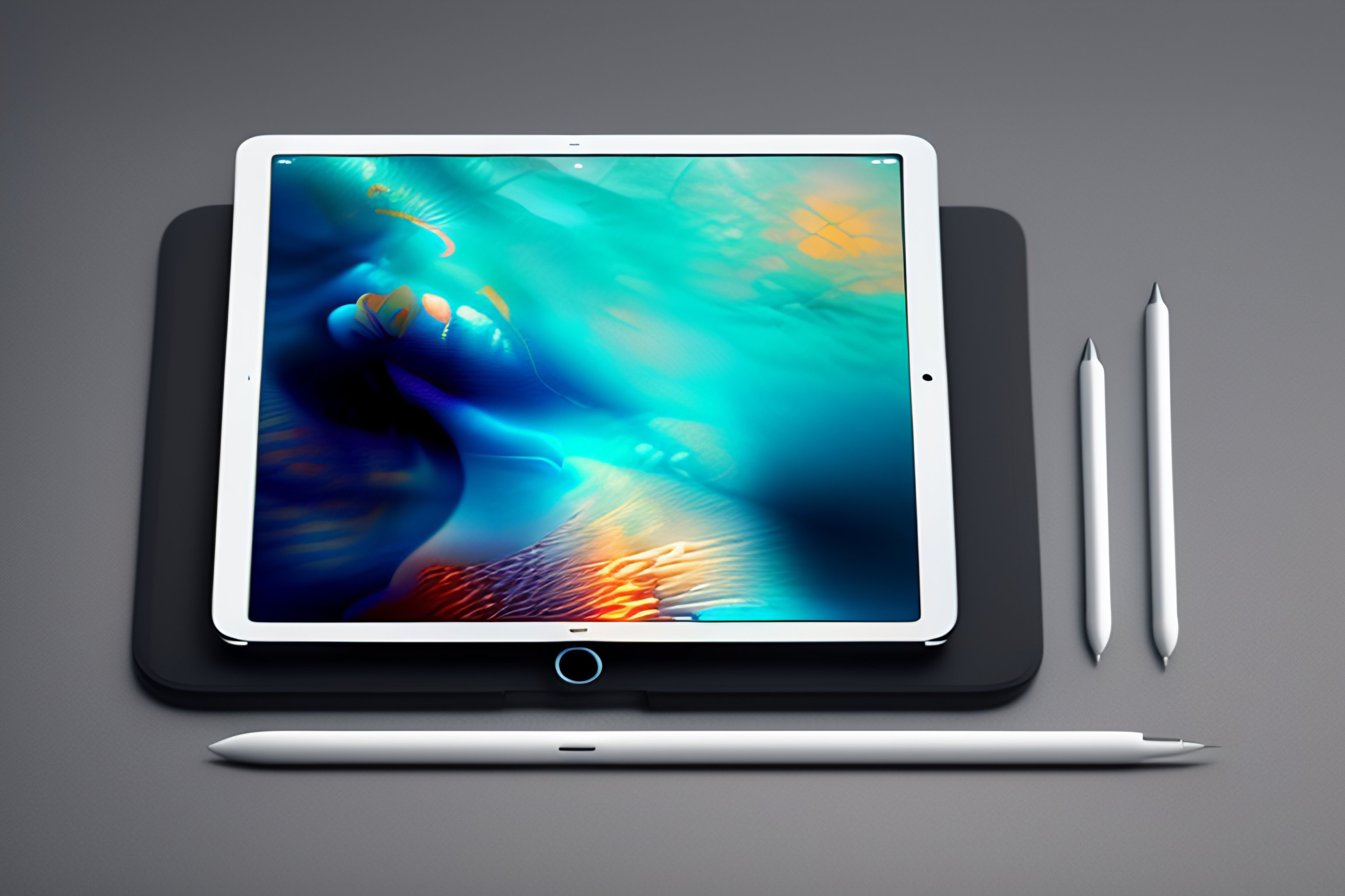 Lexica - Front view, iPad Pro with white screen on white background.