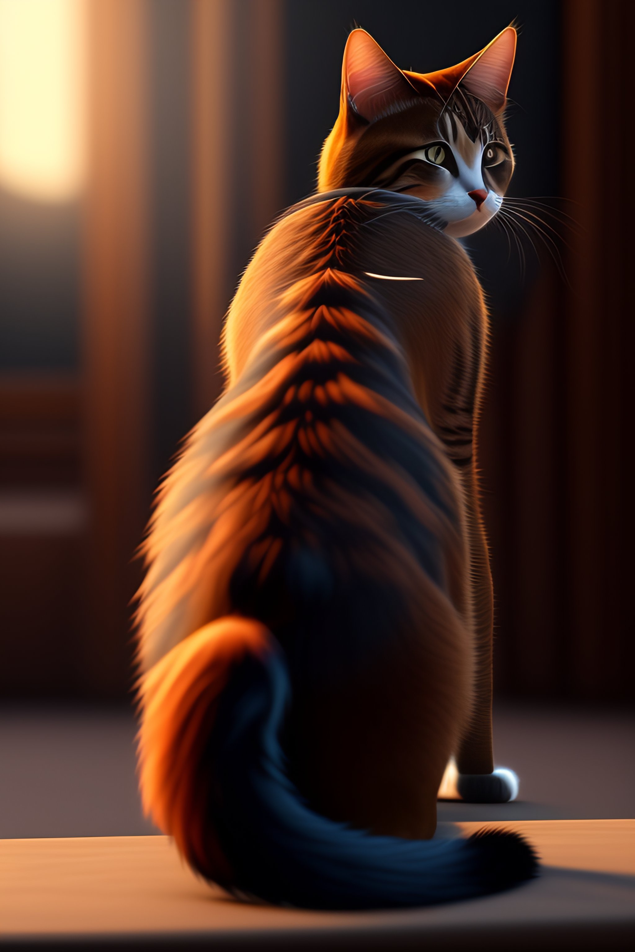 Lexica - A cat, viewed from behind, tail up. Cat being transformed from ...