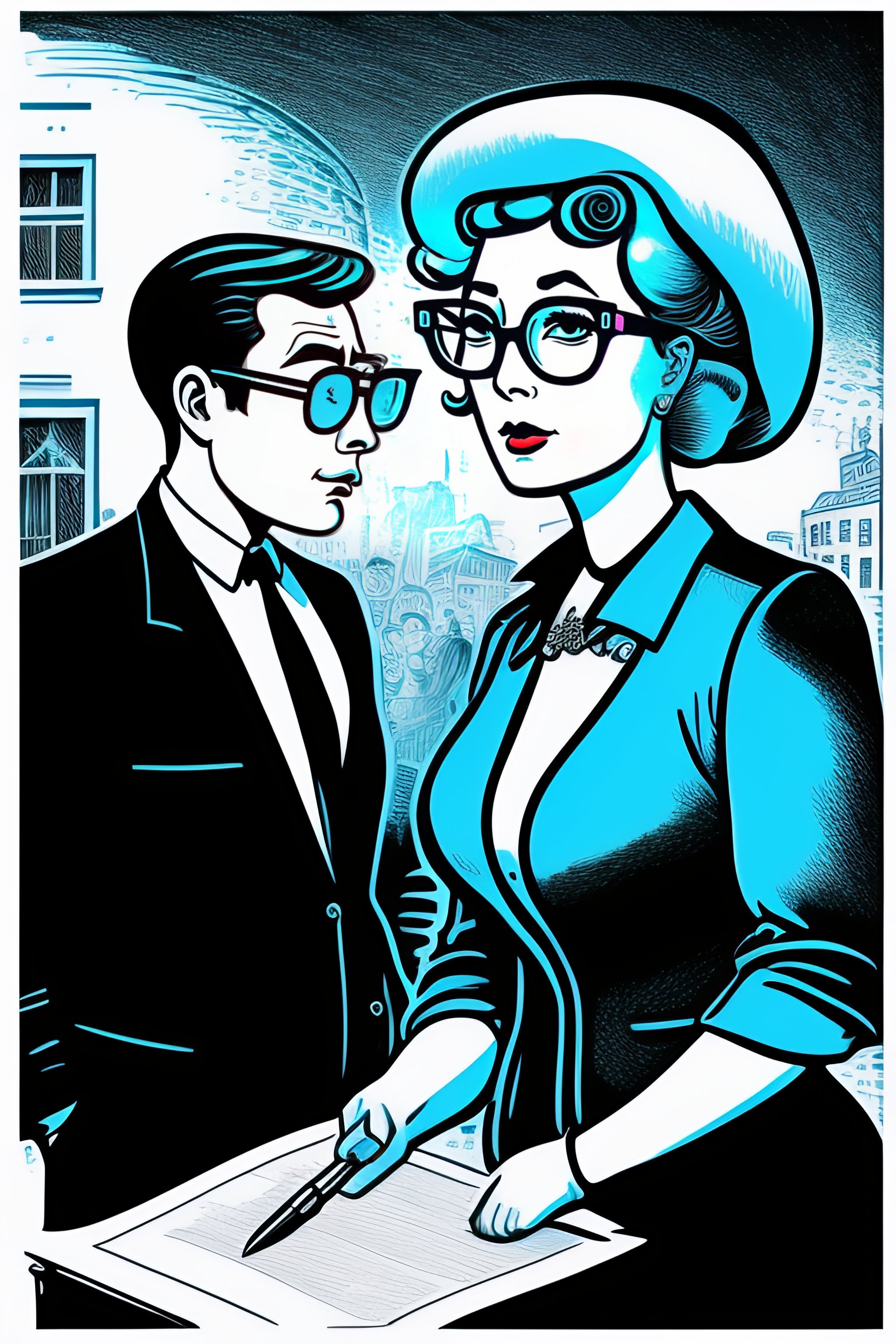 Lexica - Chaotic hand drawing cyan sketch illustration retro of a man ...