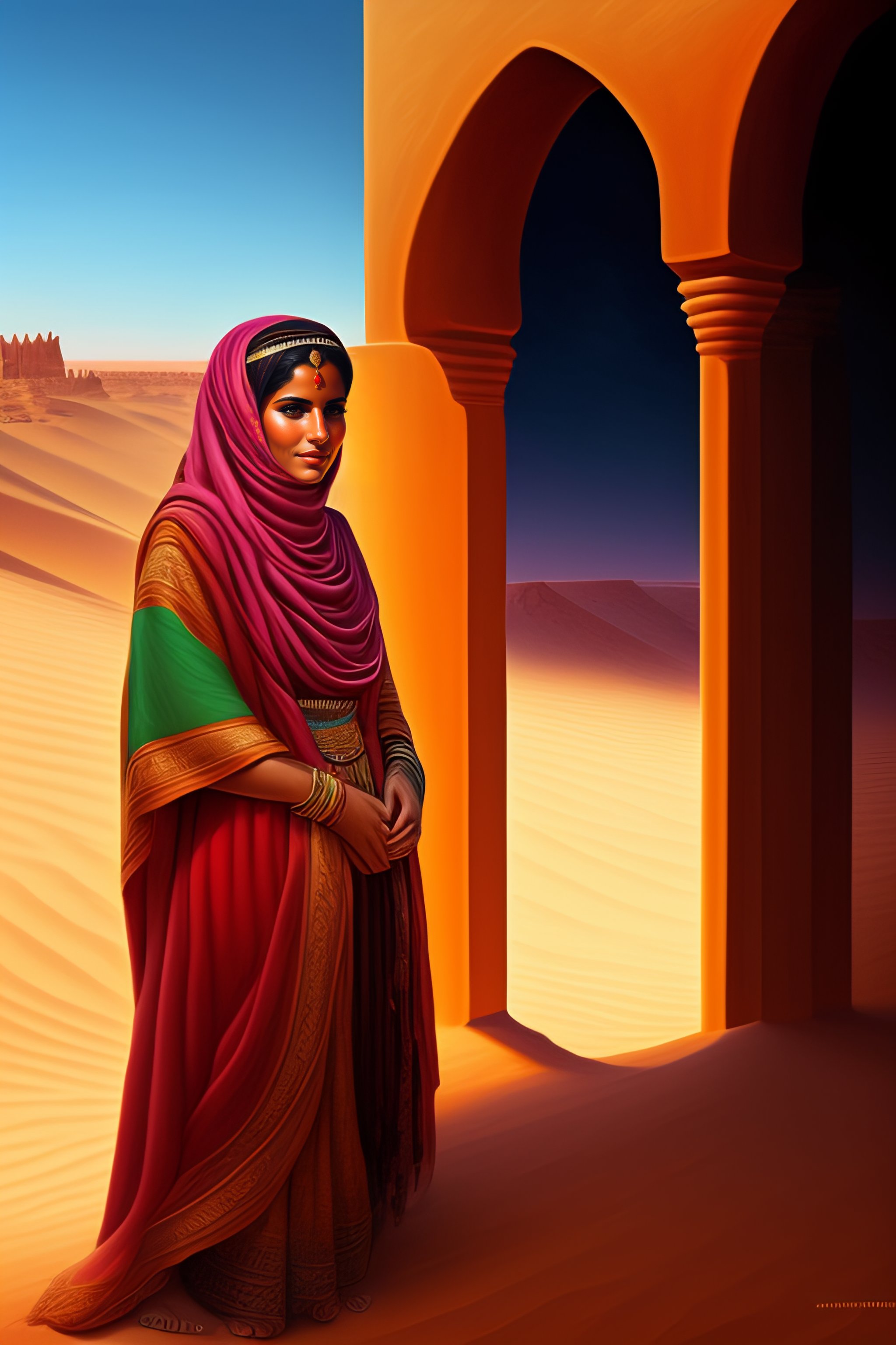 Lexica - Arab girl with her husband in sahara traveling to mekka in ...