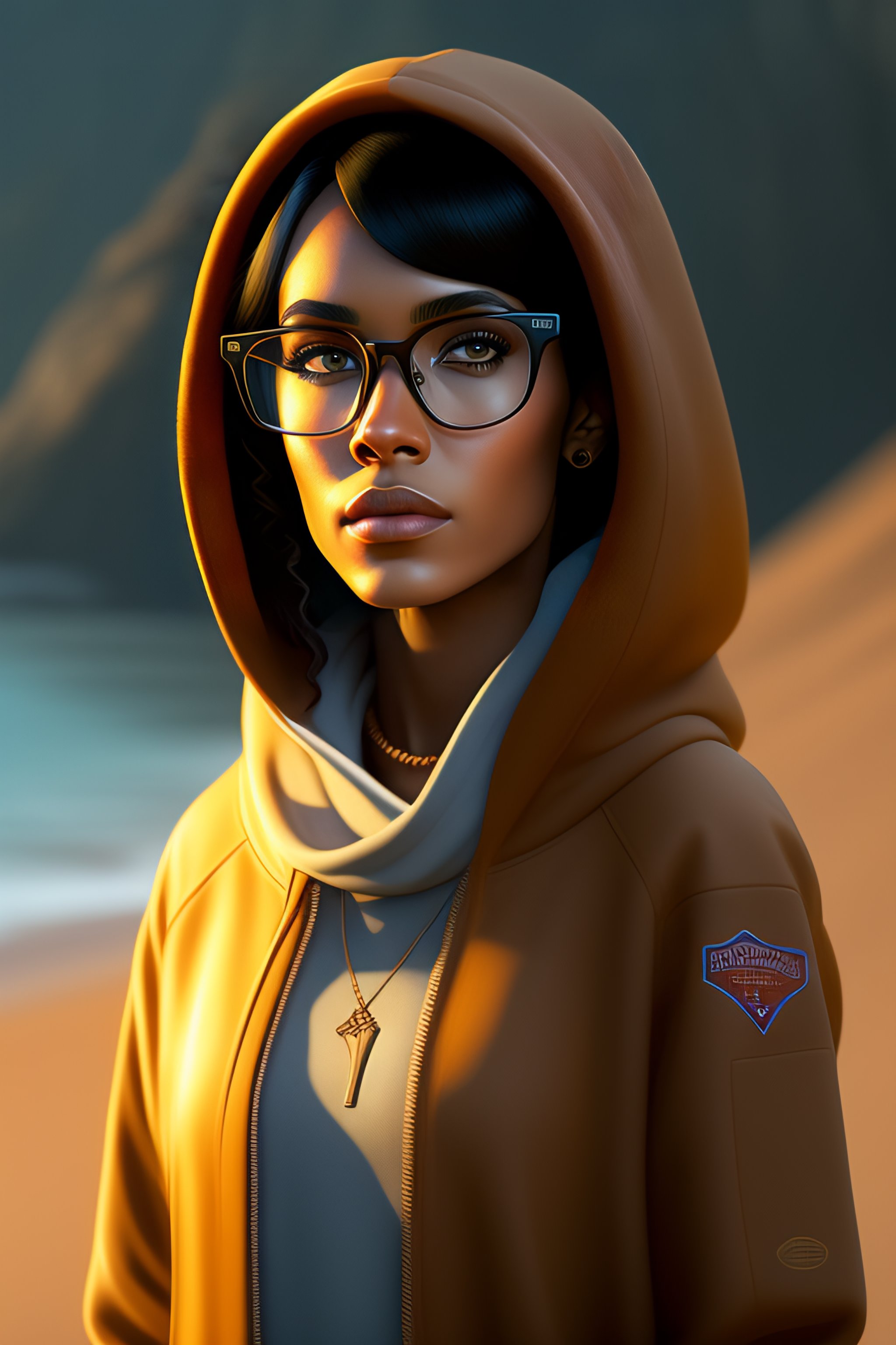 Lexica - Amina's character with big glasses, dark brown, long dark hair ...