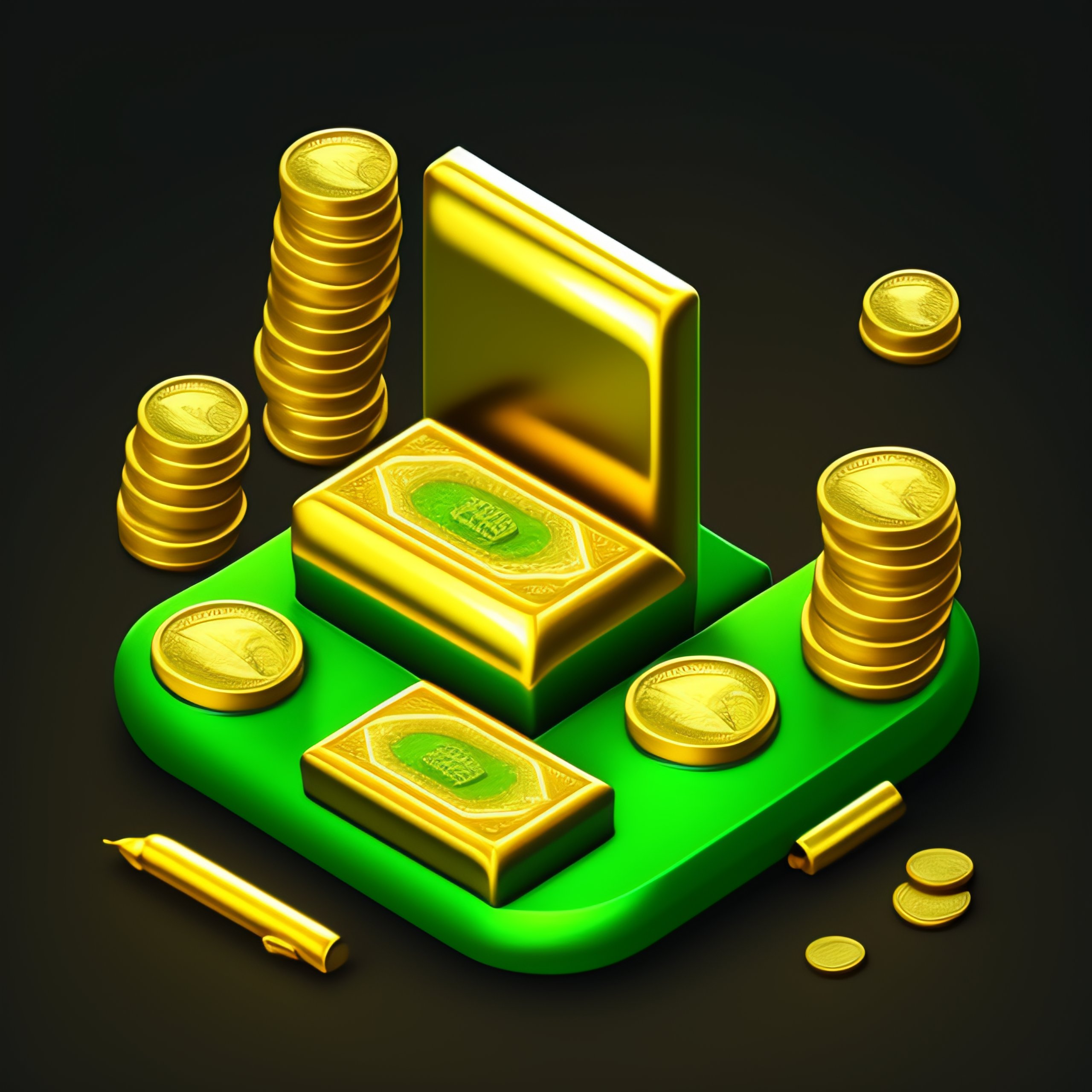 Lexica - Iconic 2d isometric illustration of green cash bills, and gold ...