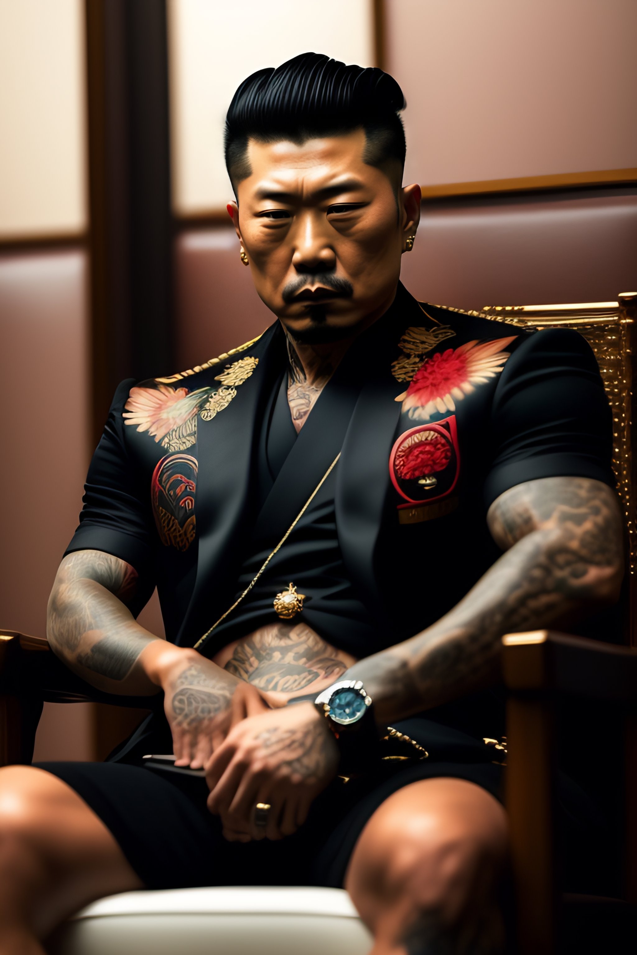 Lexica - Yakuza boss full of tatoos sitting in a chair