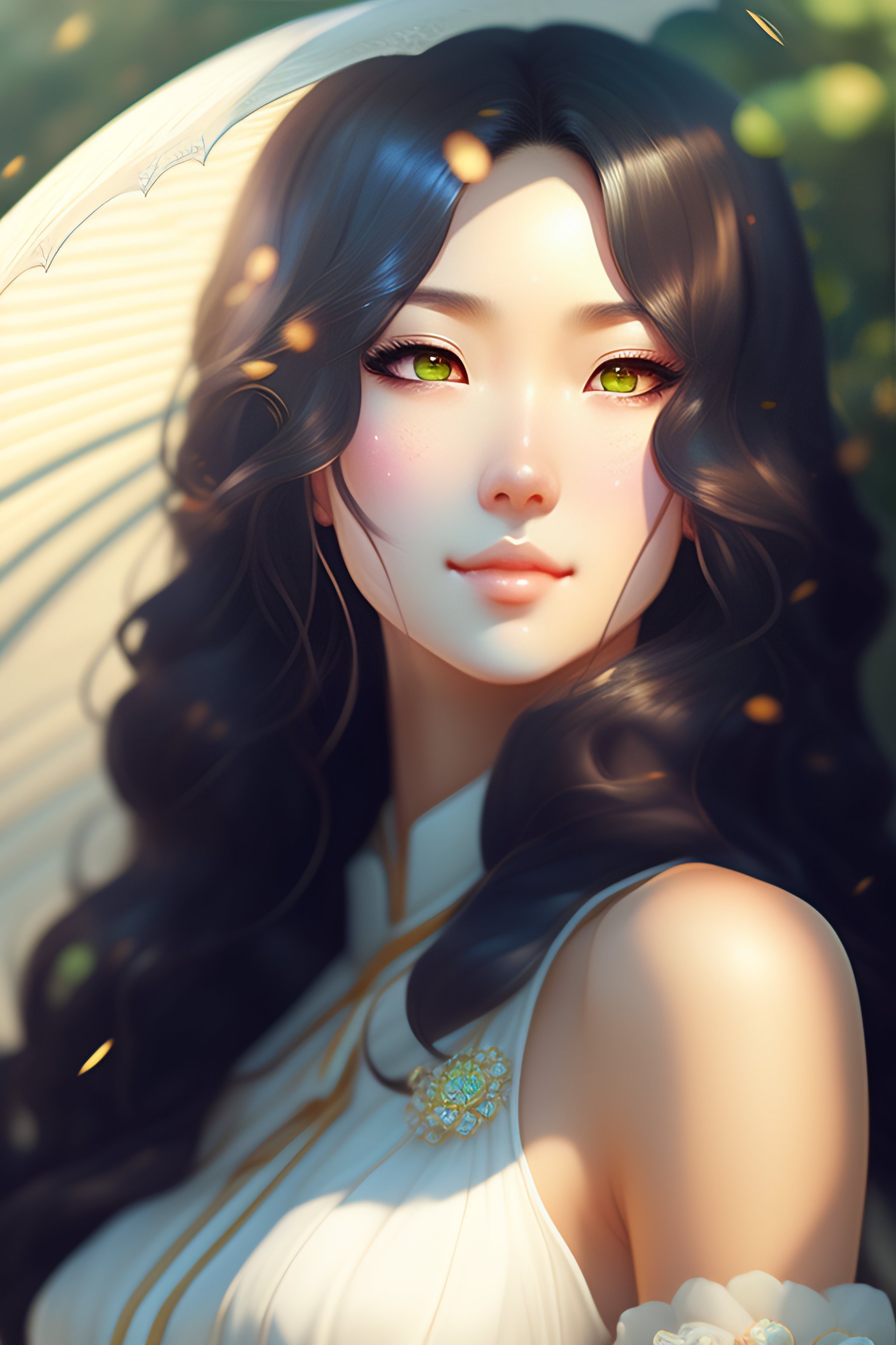 Lexica - A very beautiful anime girl, long wavy black hair, green eyes ...