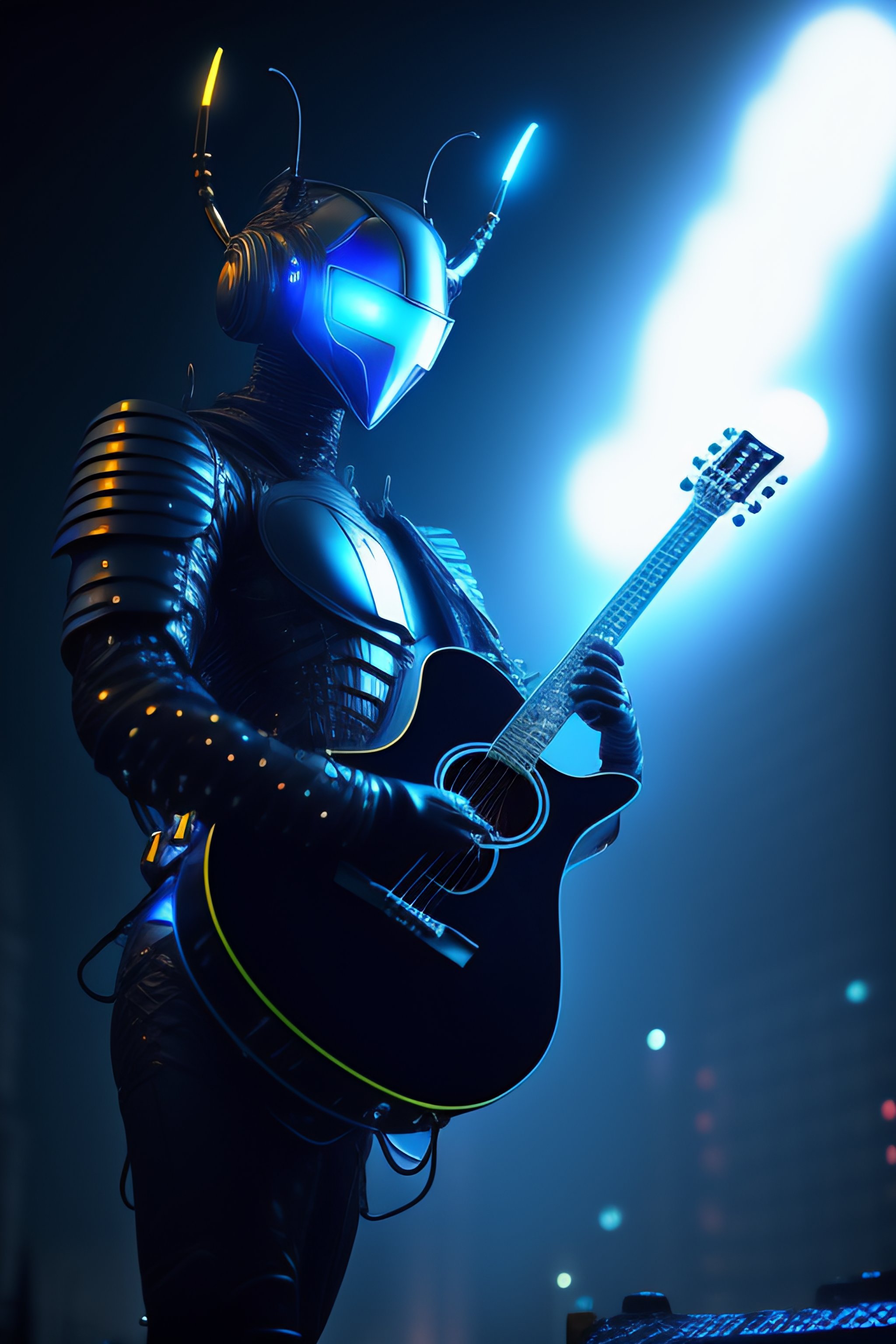 Lexica - Male blue ant humanoid, playing guitar, metropolis, cyber punk ...