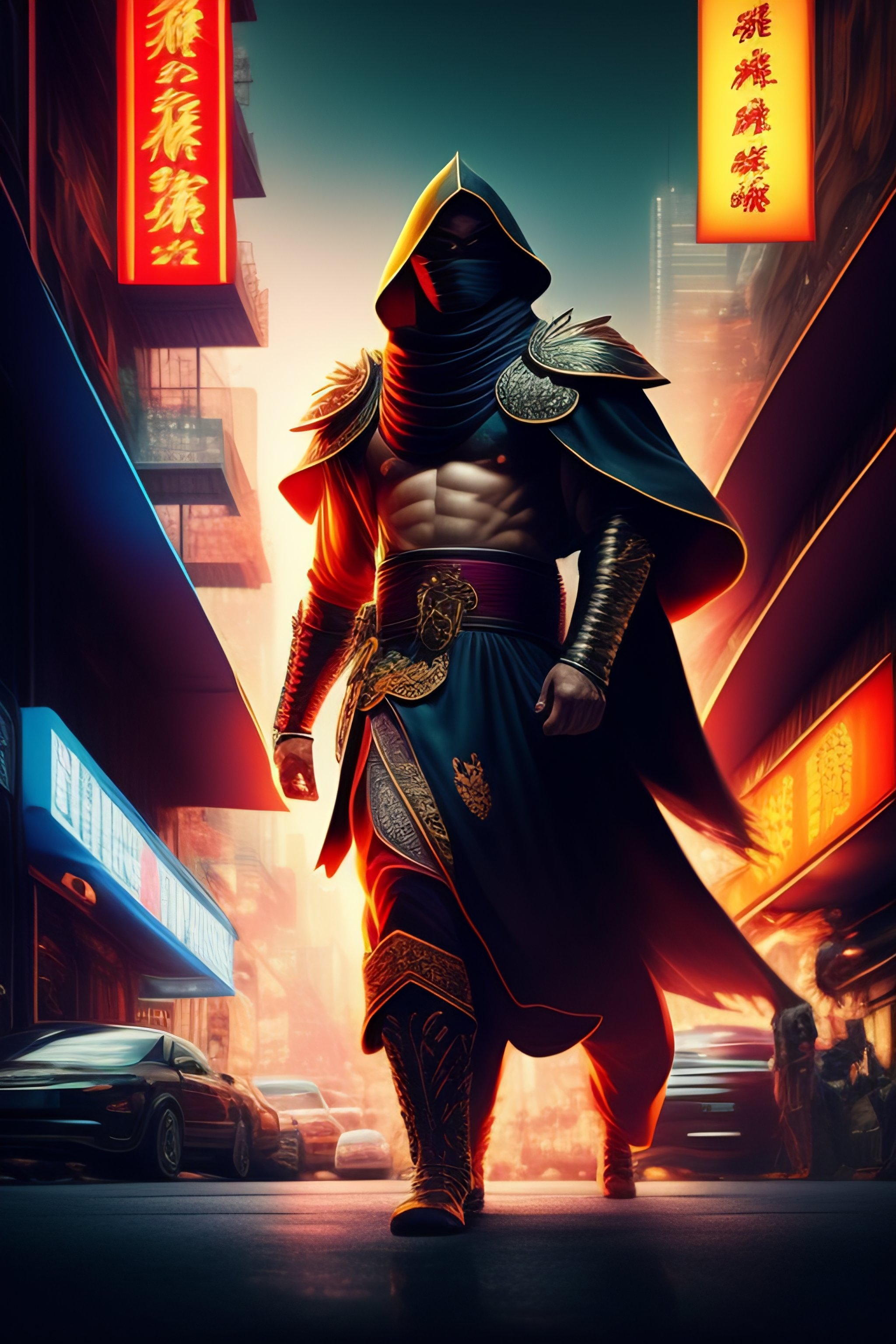 Lexica - Nunja kung fu fighting ninja in street, cyberpunk city, big ...