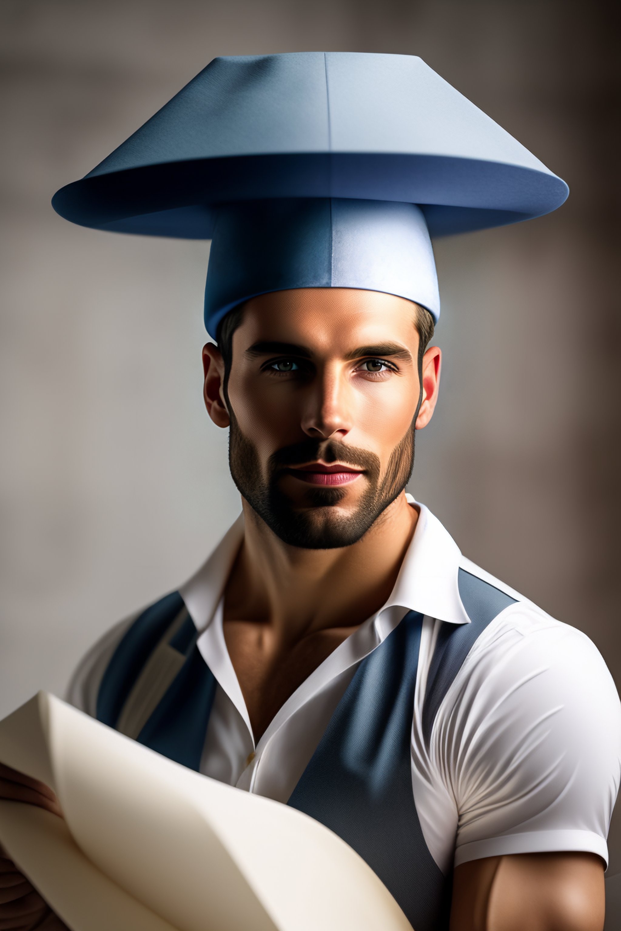 Lexica - Photo of man with paper hat,