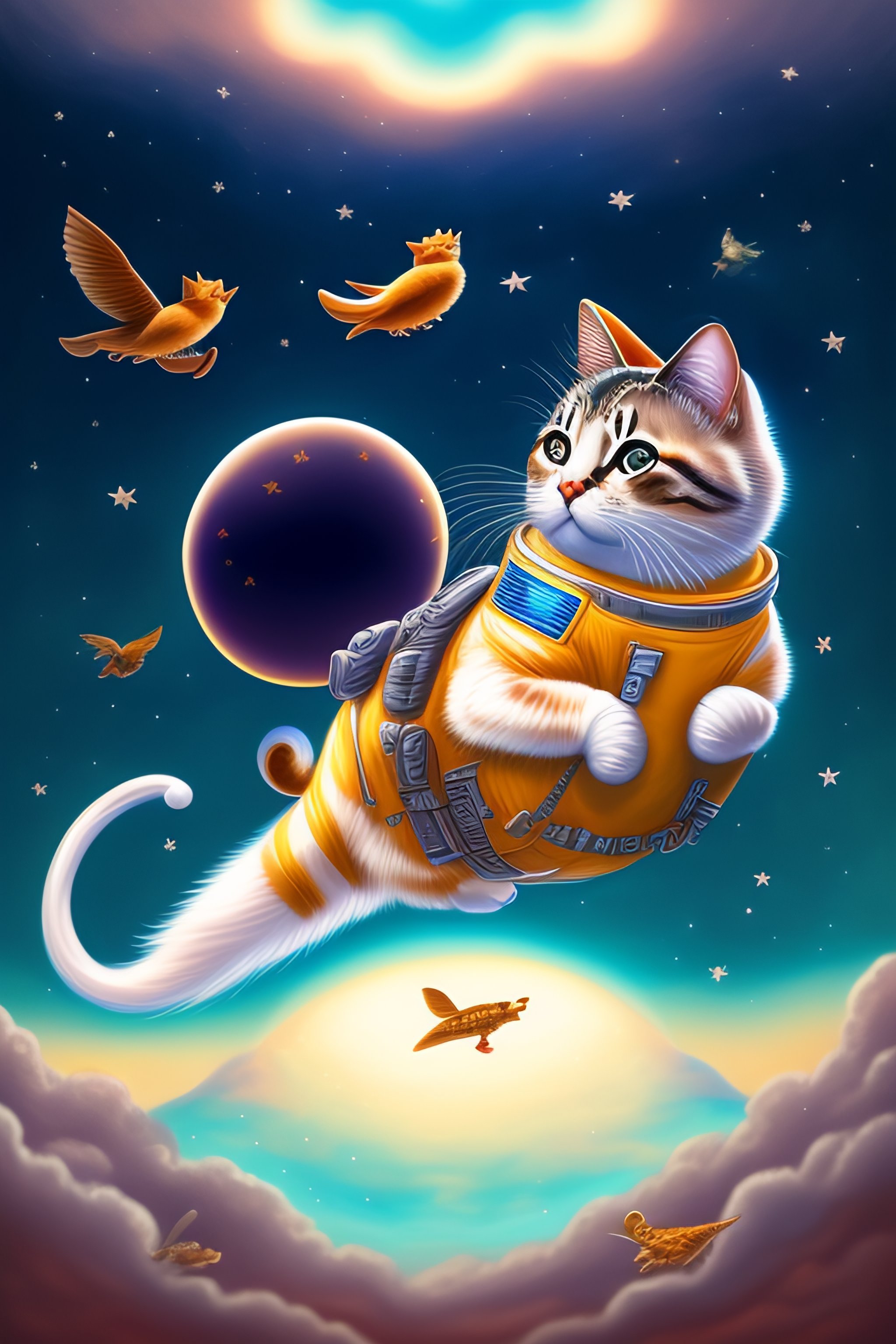 Lexica - A flying cat with a mouse dressed as a cosmonaut with birds