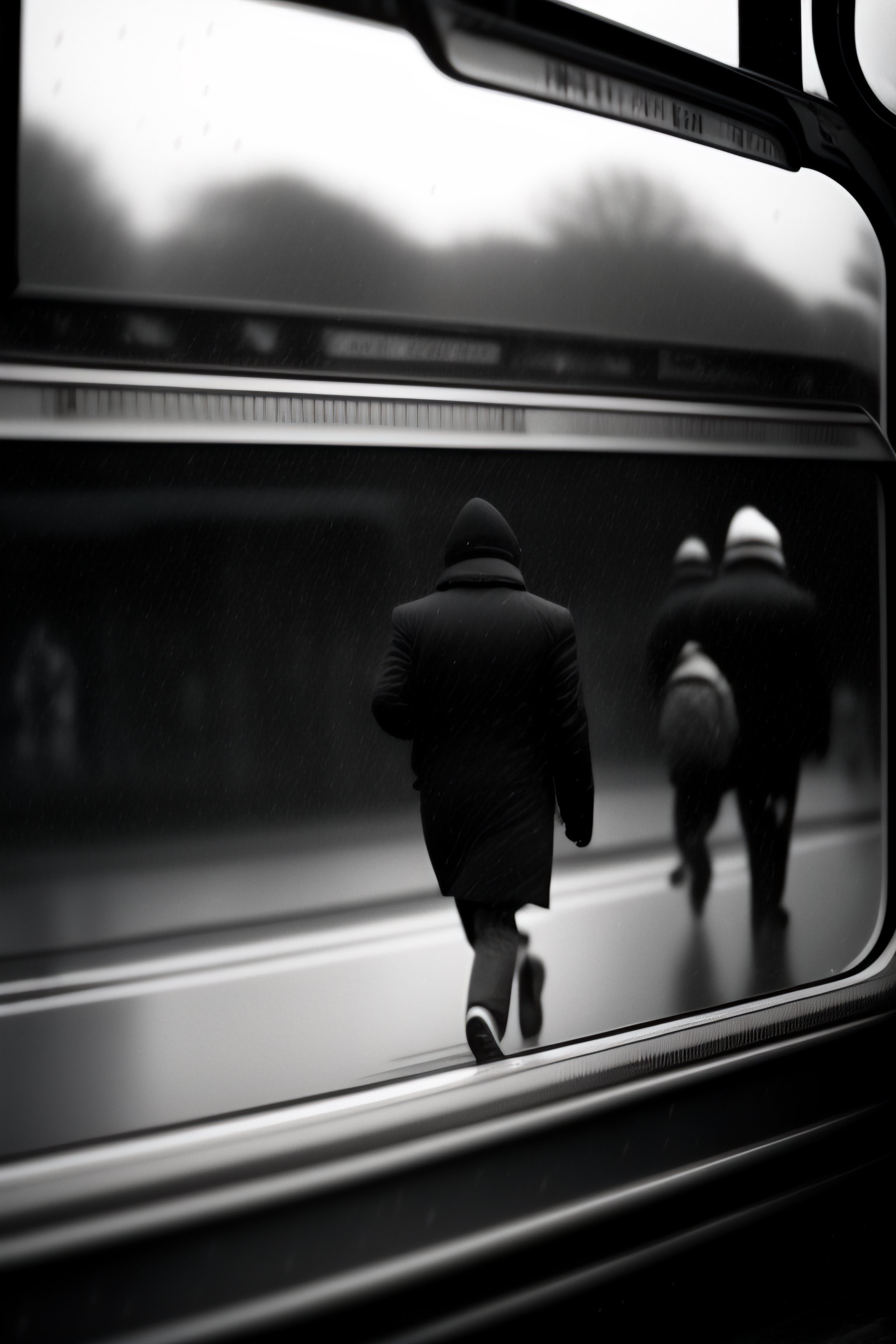 Lexica - View of a running man from inside a dropped bus window, winter ...