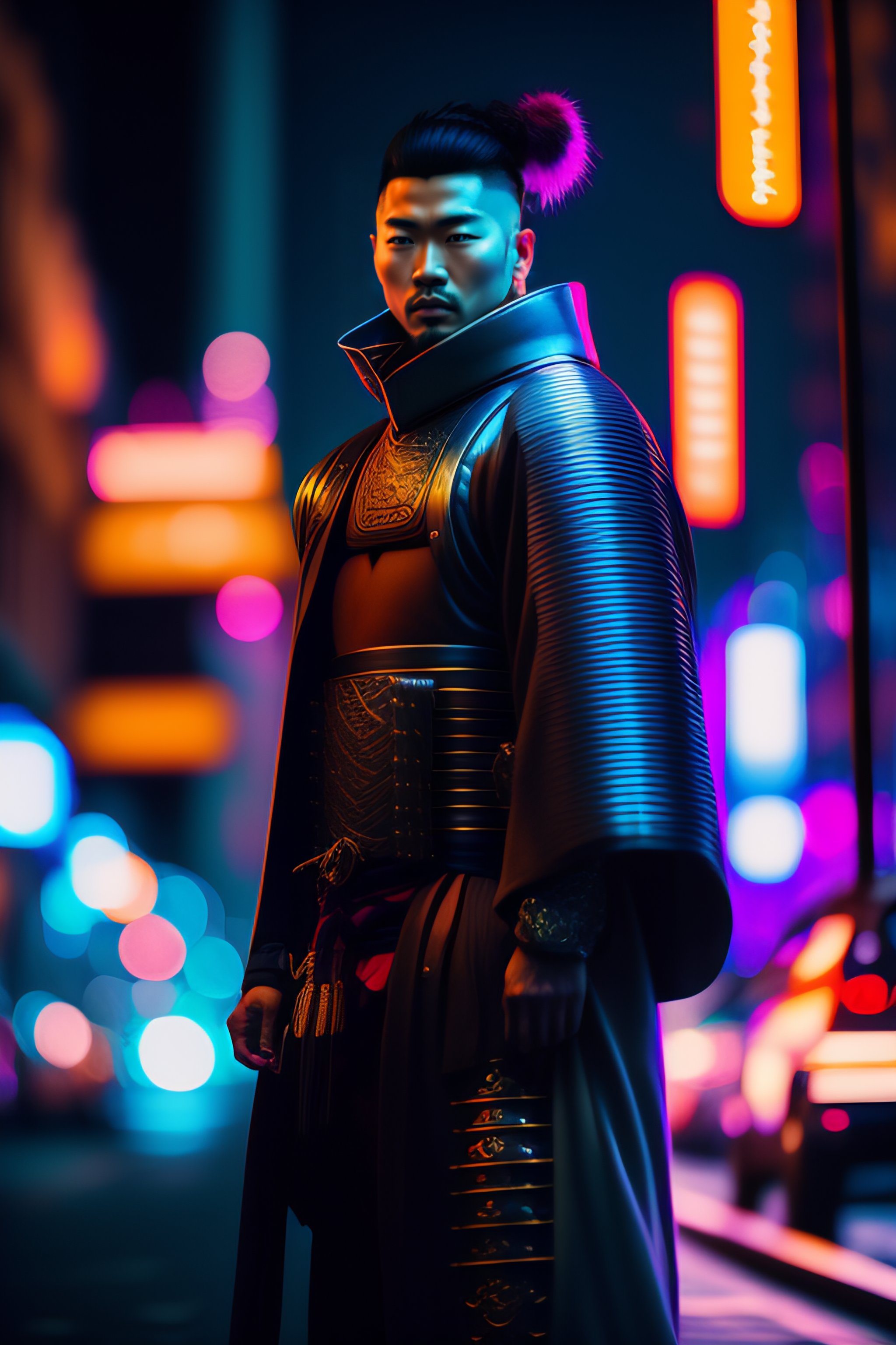 Lexica - Slow shutter speed photo of a cyberpunk samurai with neon ...