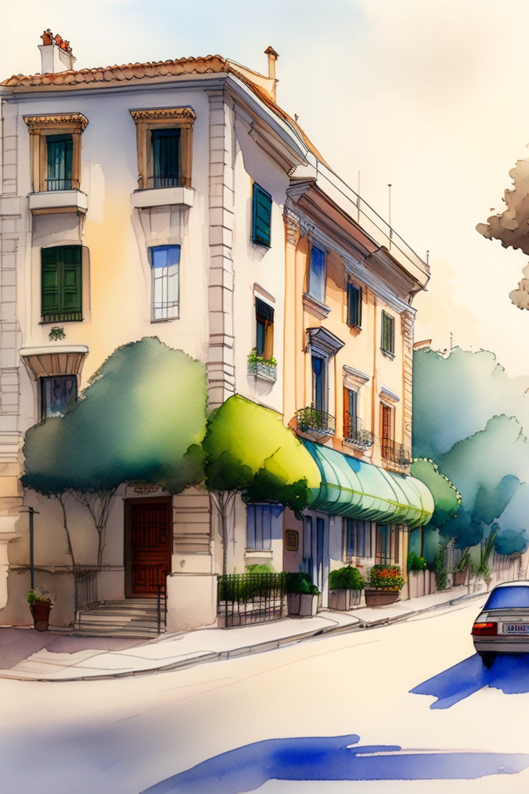 Lexica - A loose ink sketching with watercolors of a modern Athens ...