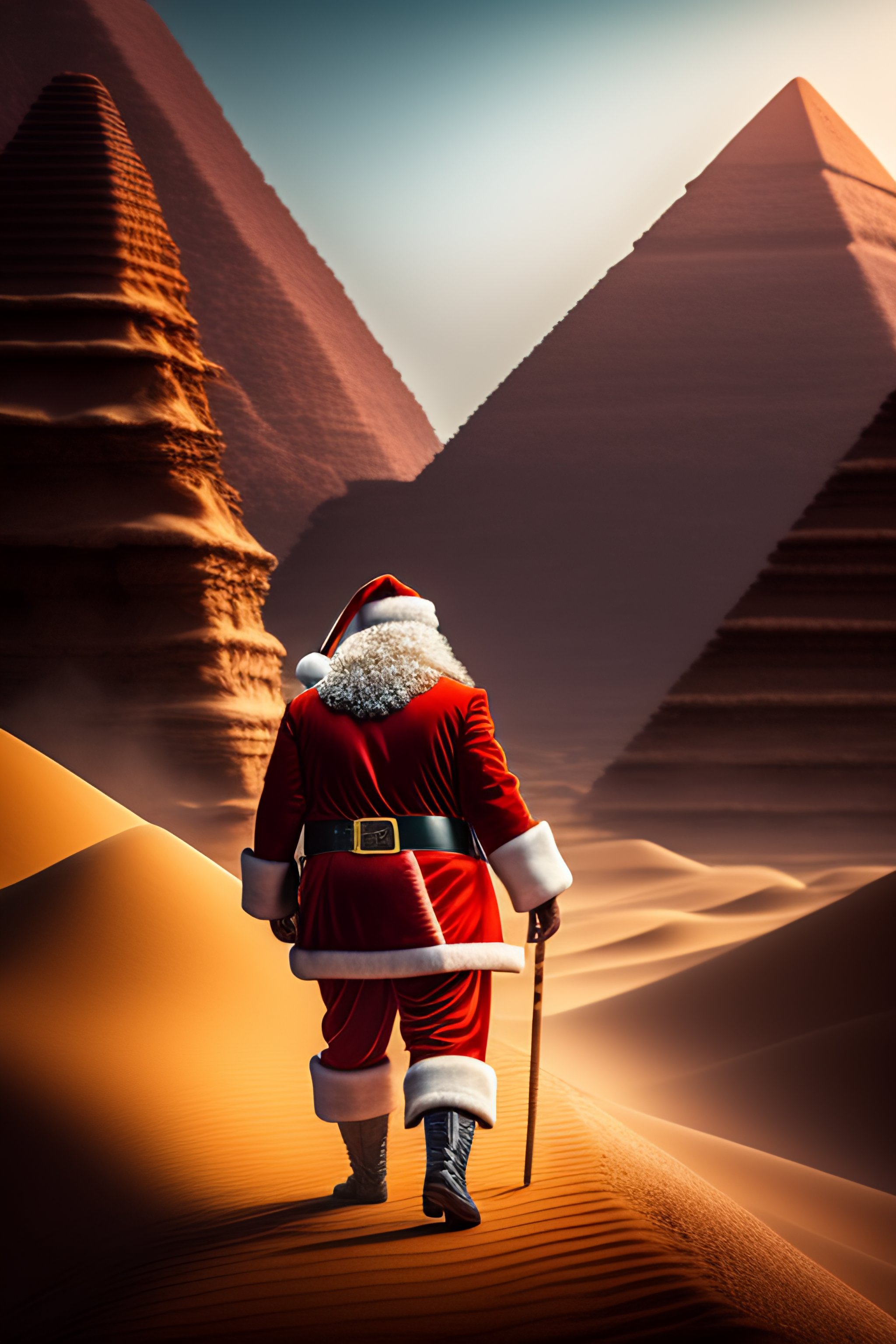 Lexica - A photo of santa Claus in a dessert walking like an egyptian