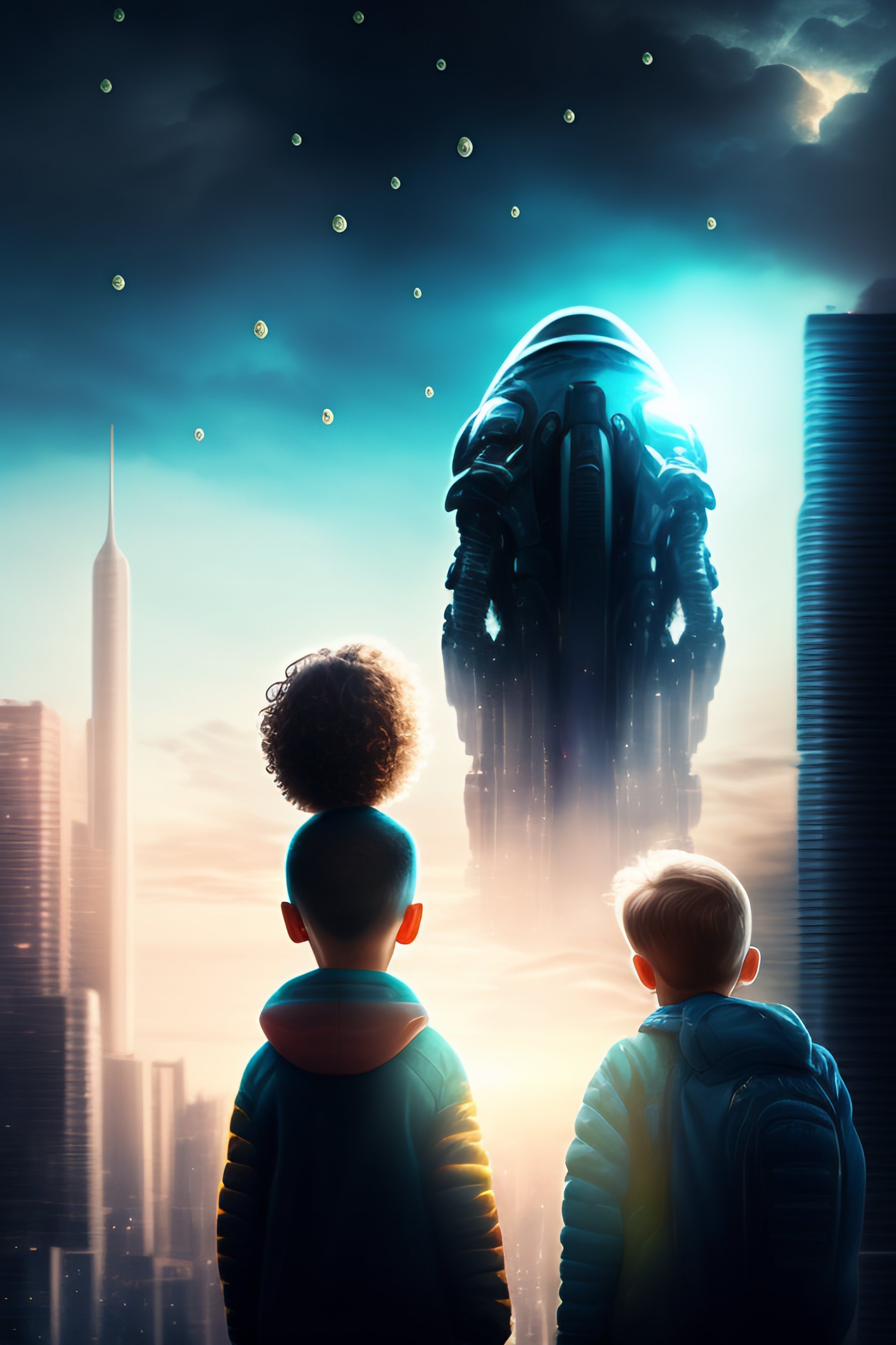 Lexica - DESING A MOVIE POSTER WITH ALIENS FALLING FROM SKY AND A BOY ...