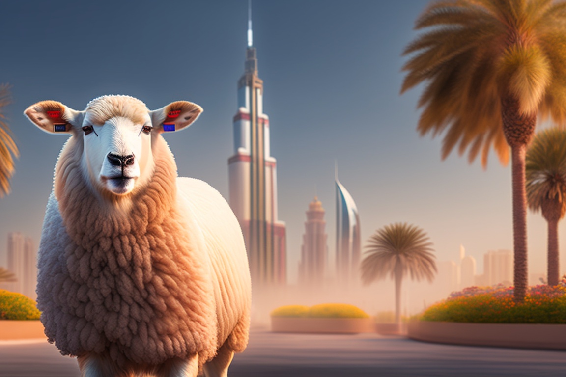 Lexica - A full body of a smiling sheep waking in Dubai city, focus ...