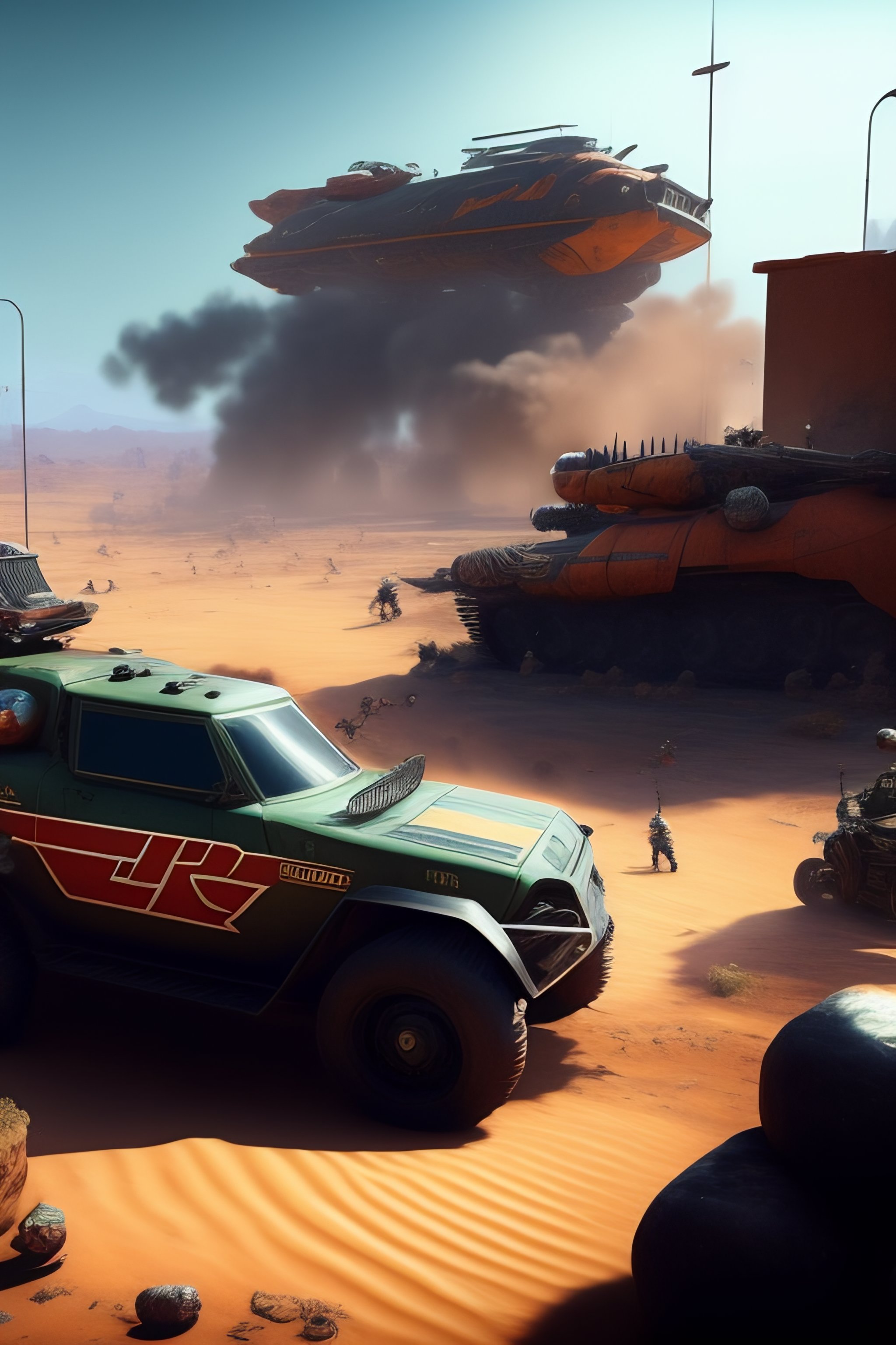Lexica - Movie Poster Crossout Game Cars Fight in ruined city