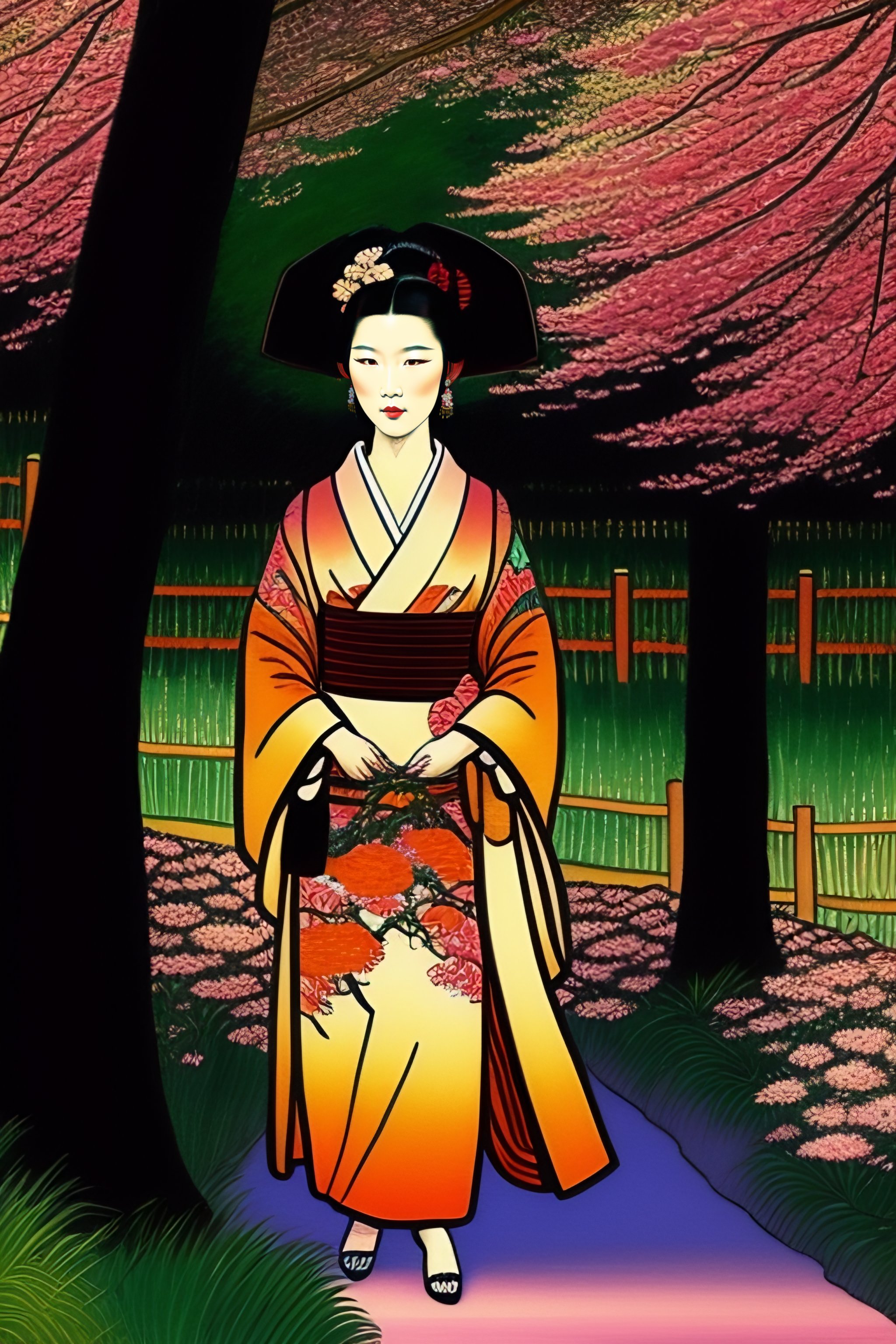 Lexica - Line drawing color of a geisha walking at sunset through a ...