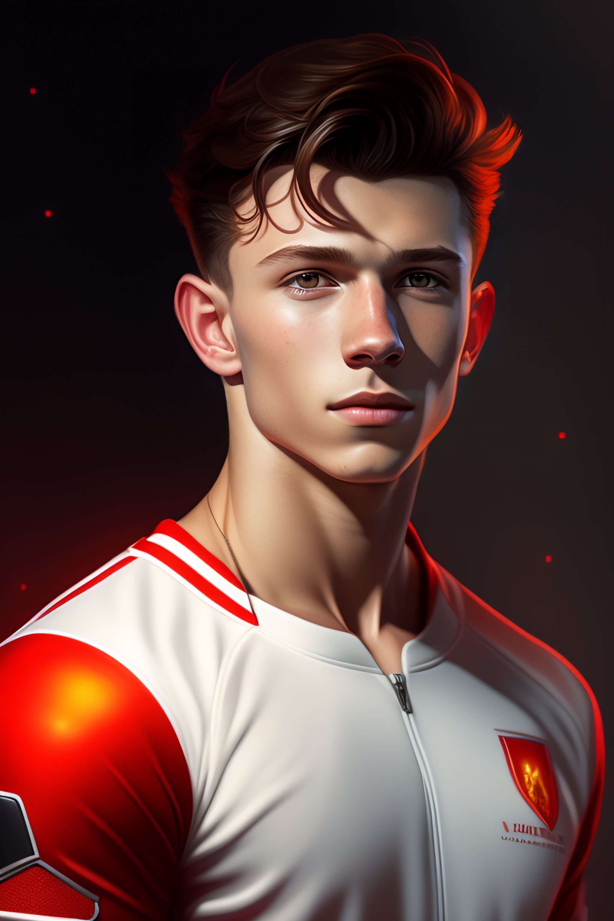 Lexica - Portrait of tom holland with hazel eyes, hazel eyes, red shirt ...