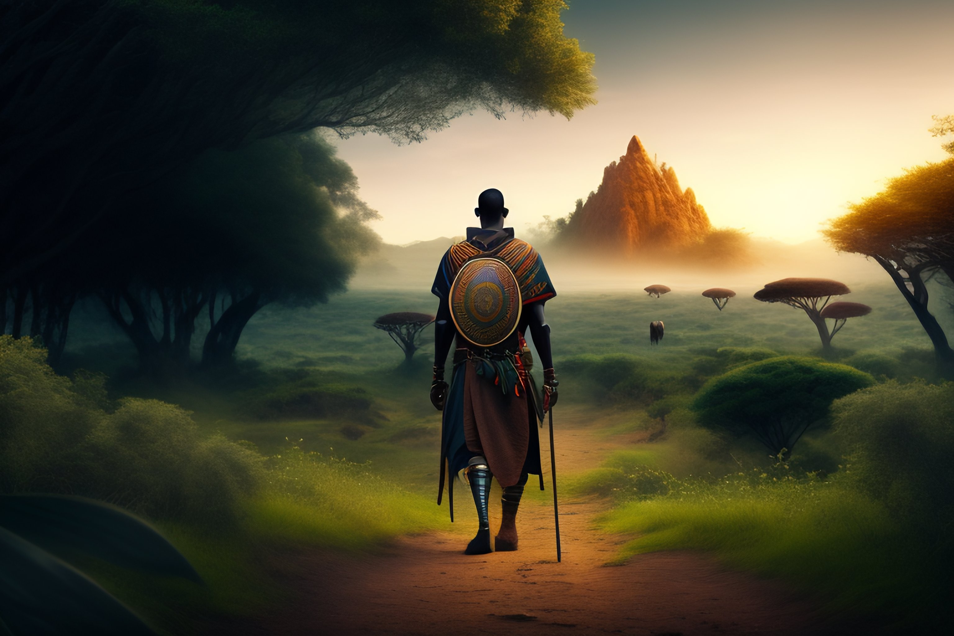 Lexica - Portrait of an african warrior walking into the wilderness ...