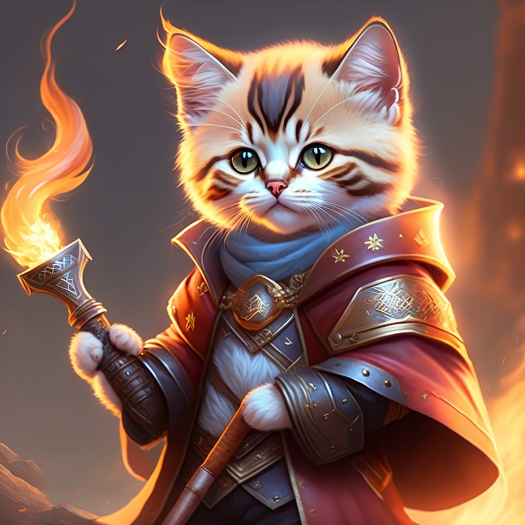 Lexica - Adorable kitten fire mage holding wooden fire staff, Cyberpunk