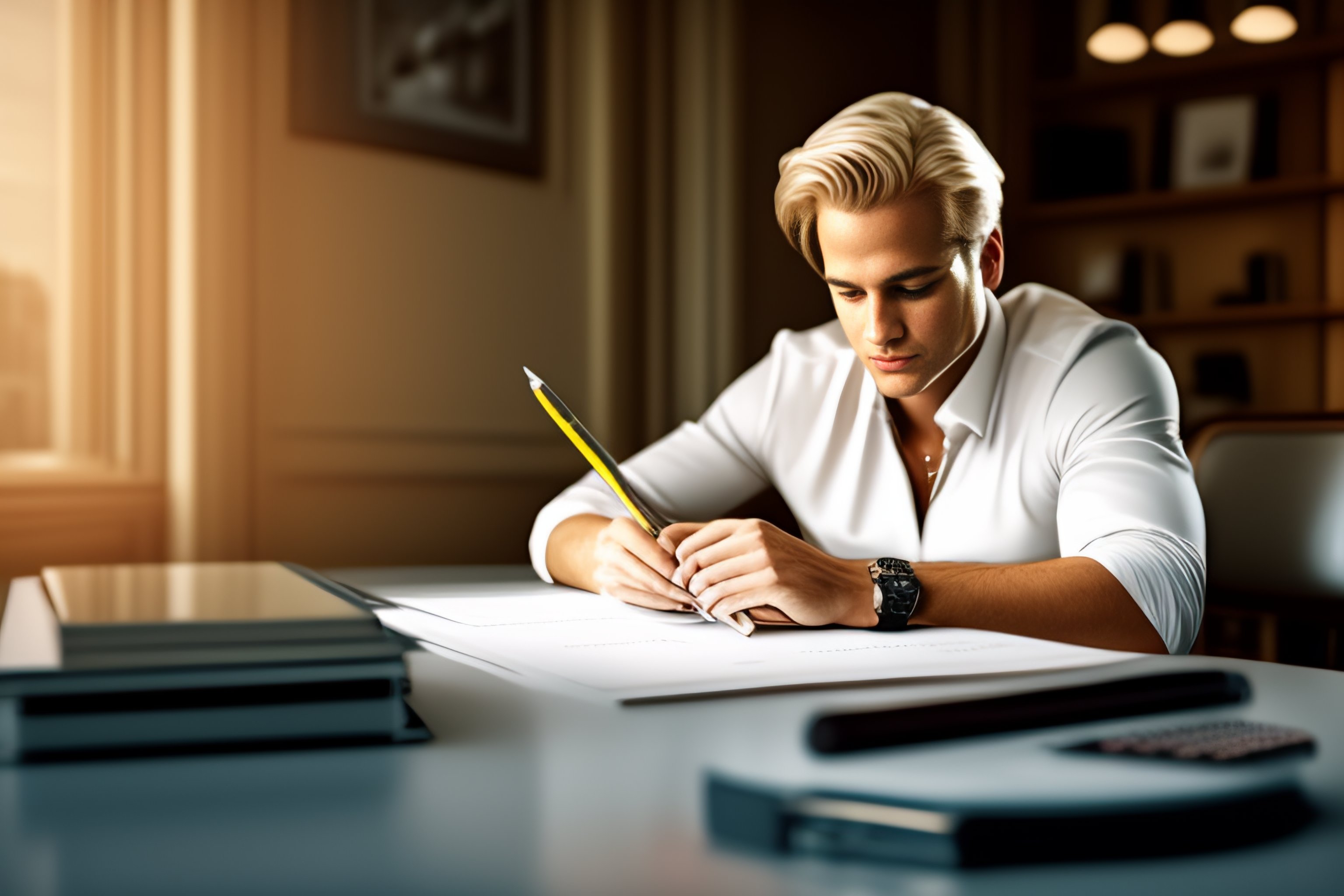 Lexica - Graphic illustration of a 20-year blond man writing a resume