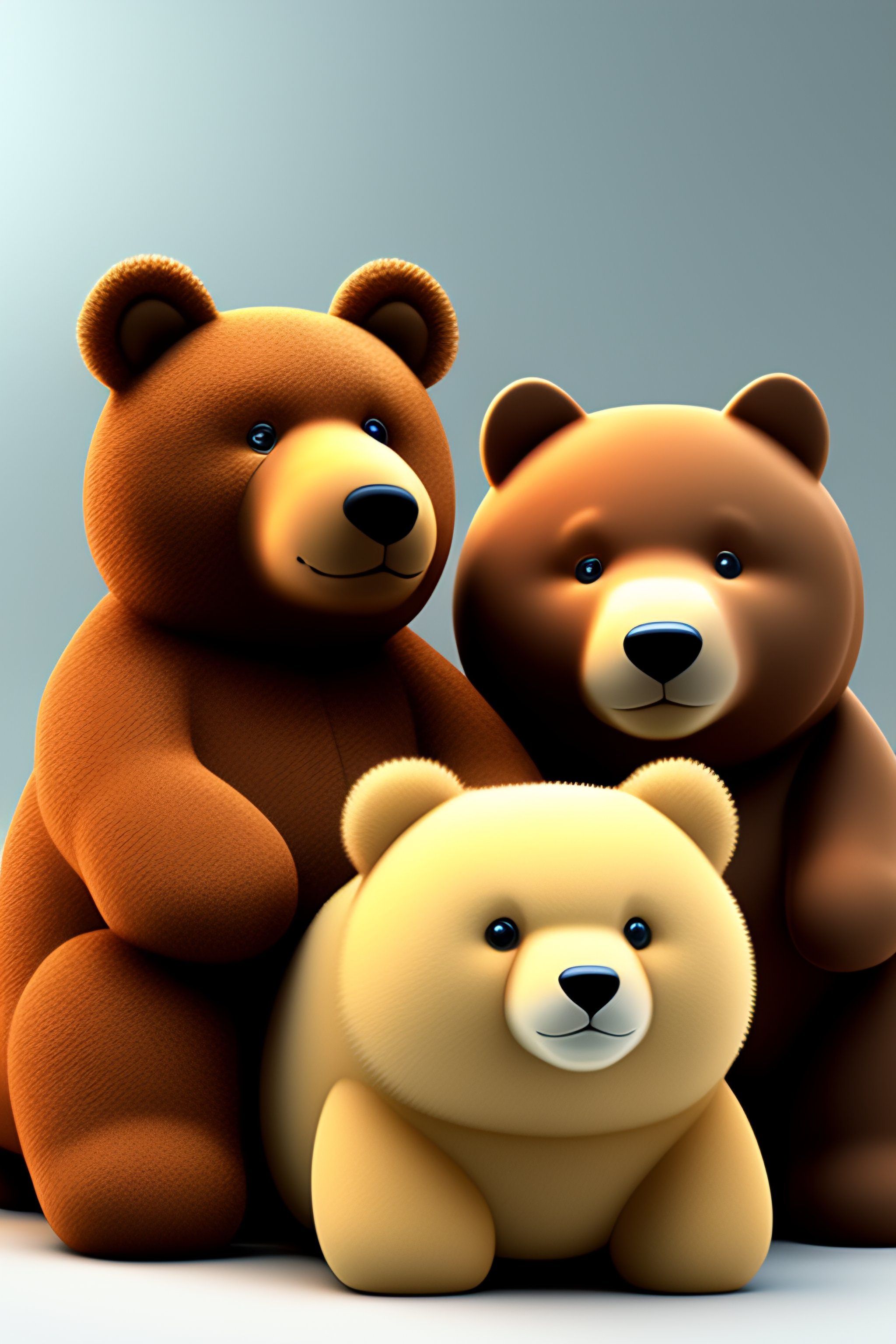 Lexica - 3d render of 3 stuffed animals, two bears and a cat