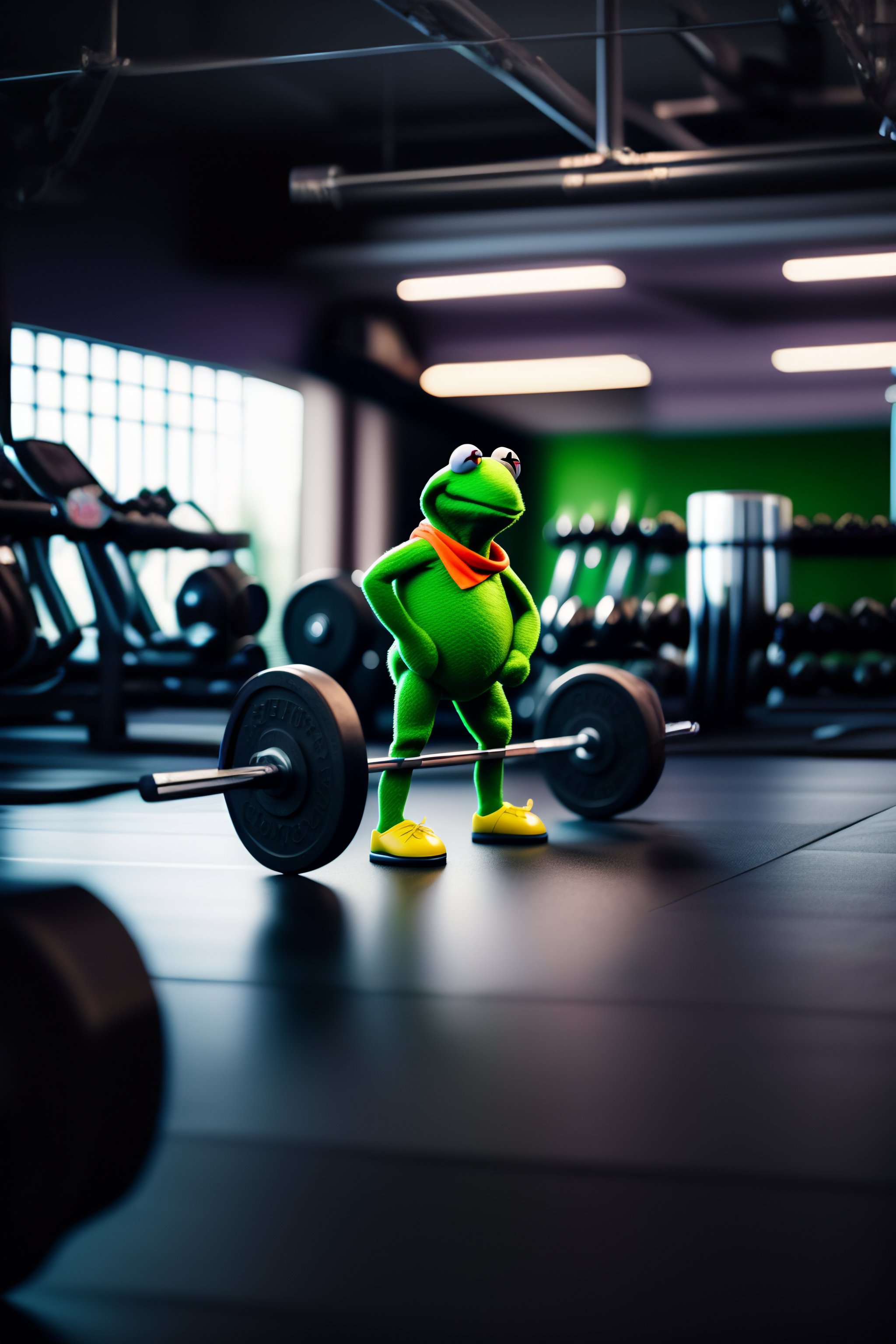 Lexica - Kermit the Frog doing deadlifts swole at a luxury gym, portra ...