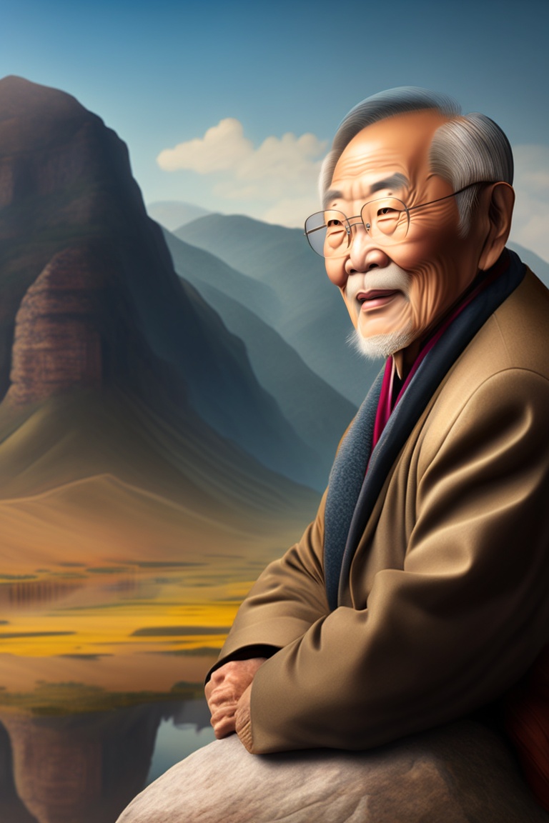 Lexica - Portrait of Old wise chinese man setting on a rock in front of ...