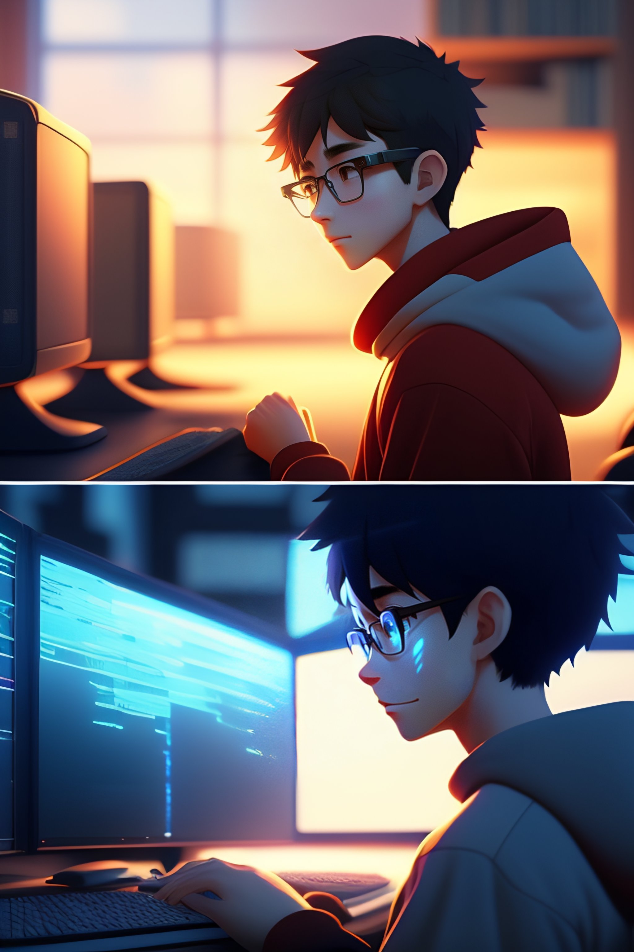 Lexica - A nerdy boy ith 22 years old in a hoodie is programming at a ...