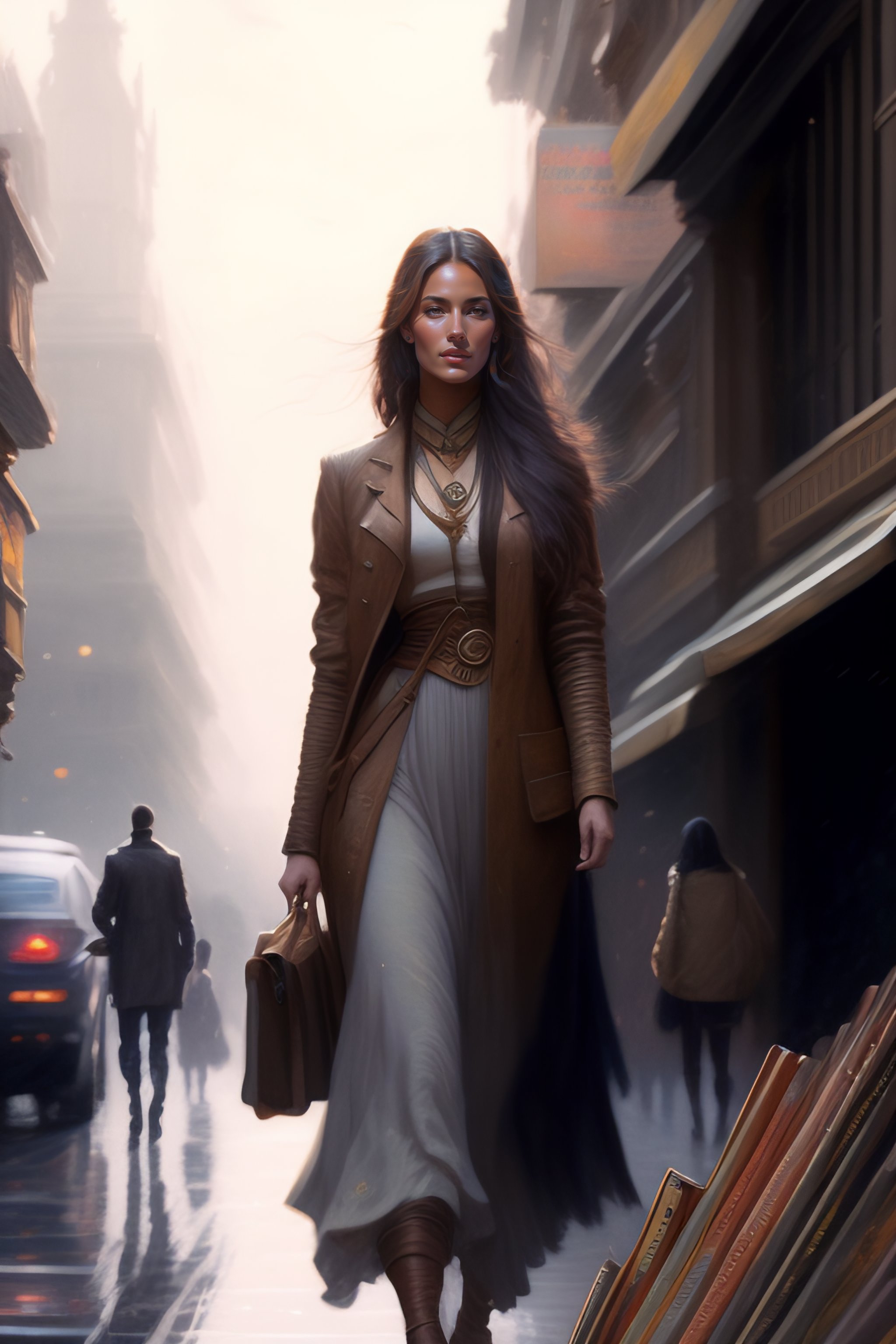 Lexica - Pencil sketch of woman walking on a crowded street, book piles ...