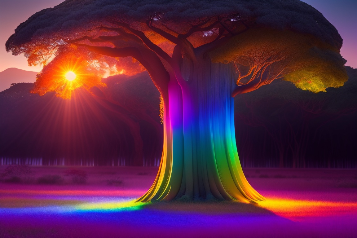 Lexica - 8k photo, banyan tree with rainbow colored trunk, peaceful ...
