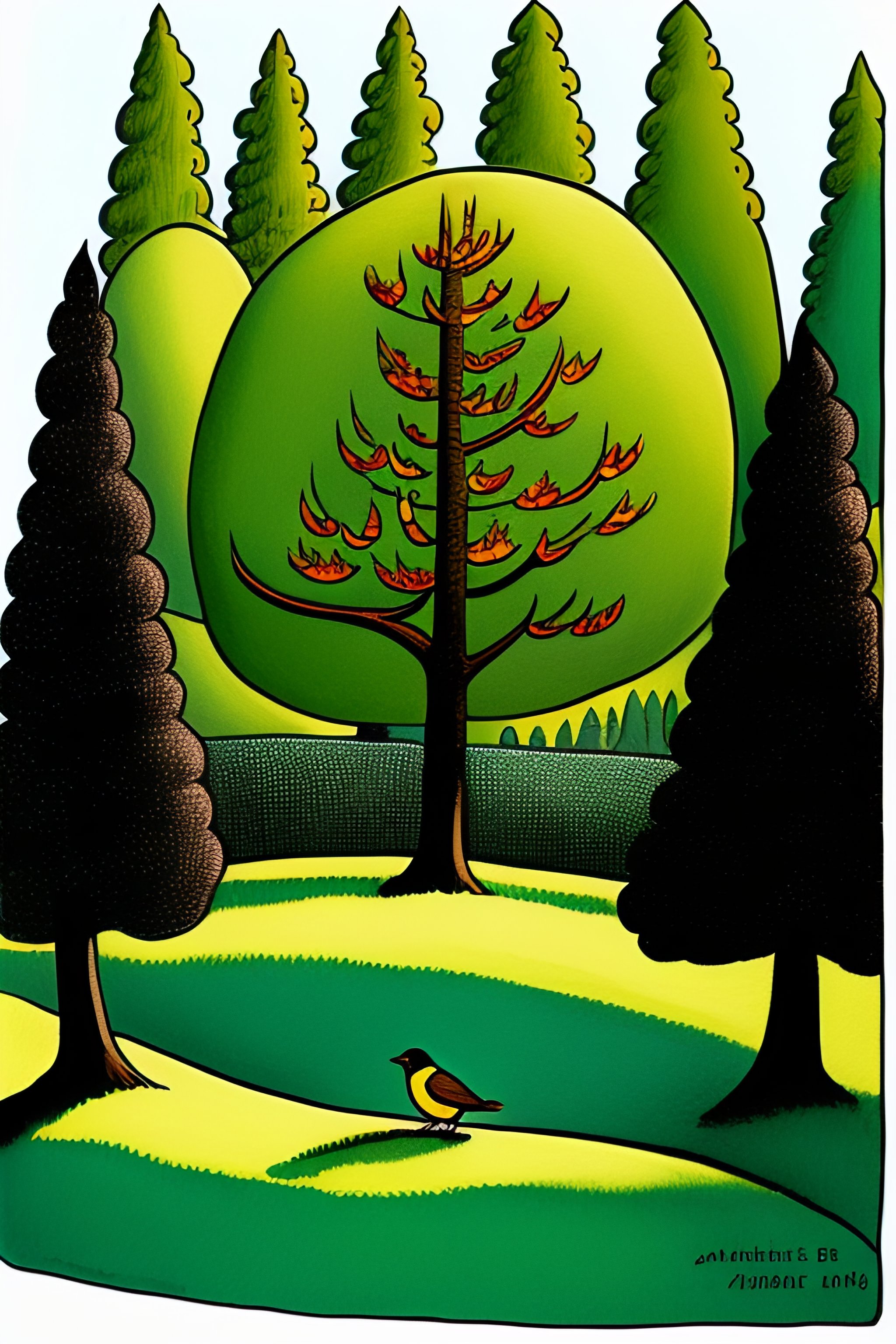 Lexica - A alone tree. pen and ink, birds eye view, illustrated by ...