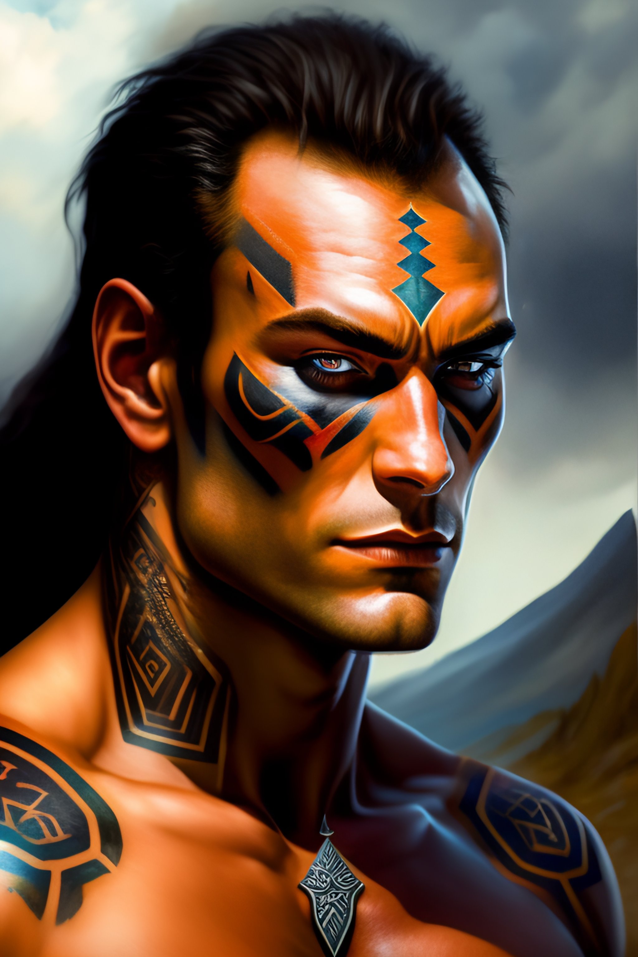 Lexica - Male guy half-orc half-human, jude law face, geometric tatooed ...