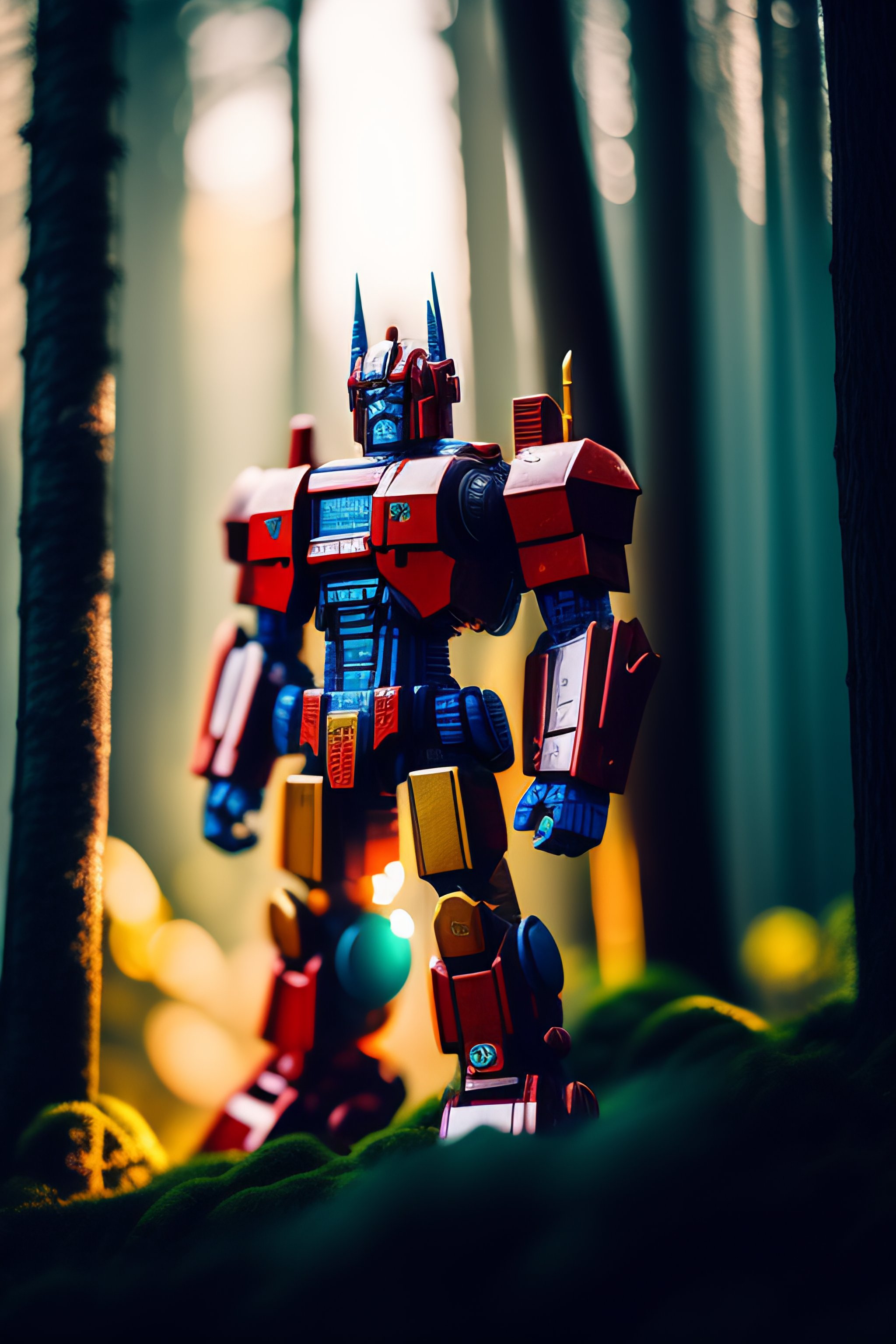 Lexica - Photography of optimus prime in action pose in the forest with ...