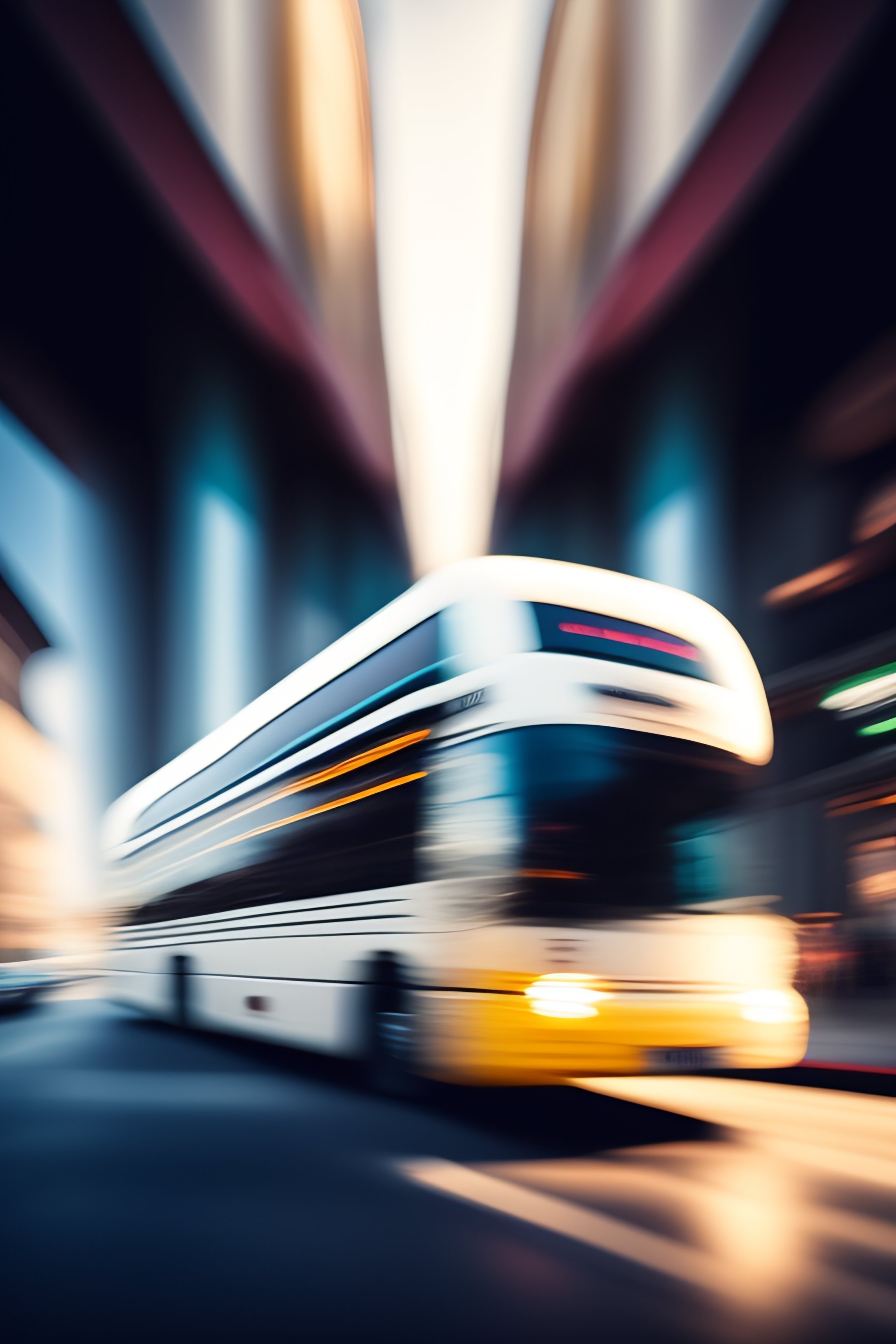 Lexica - White Bus in city street, inside view ,motion blur, front view ...