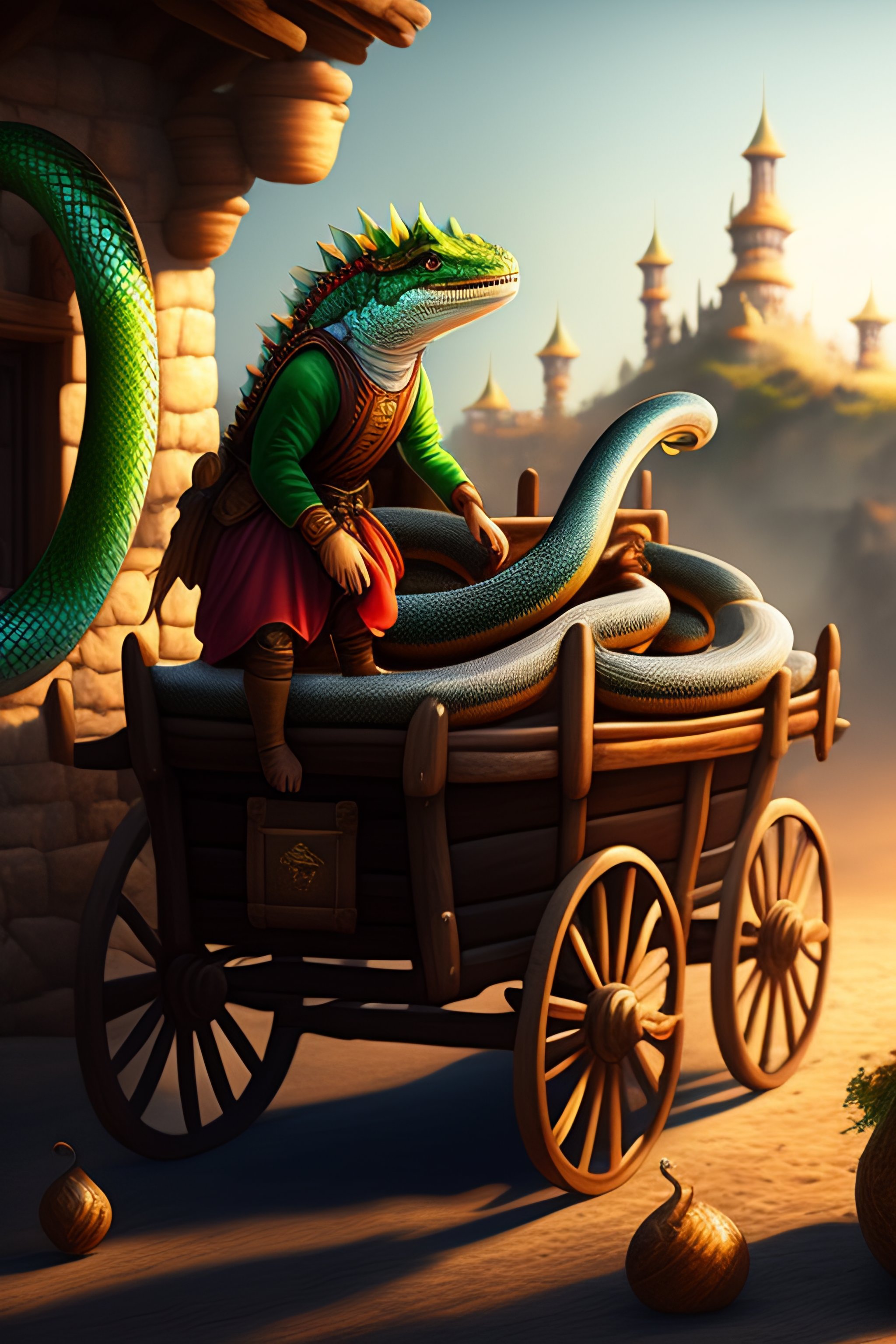 Lexica - Fantasy merchant with a wagon of magical lizards and snakes ...