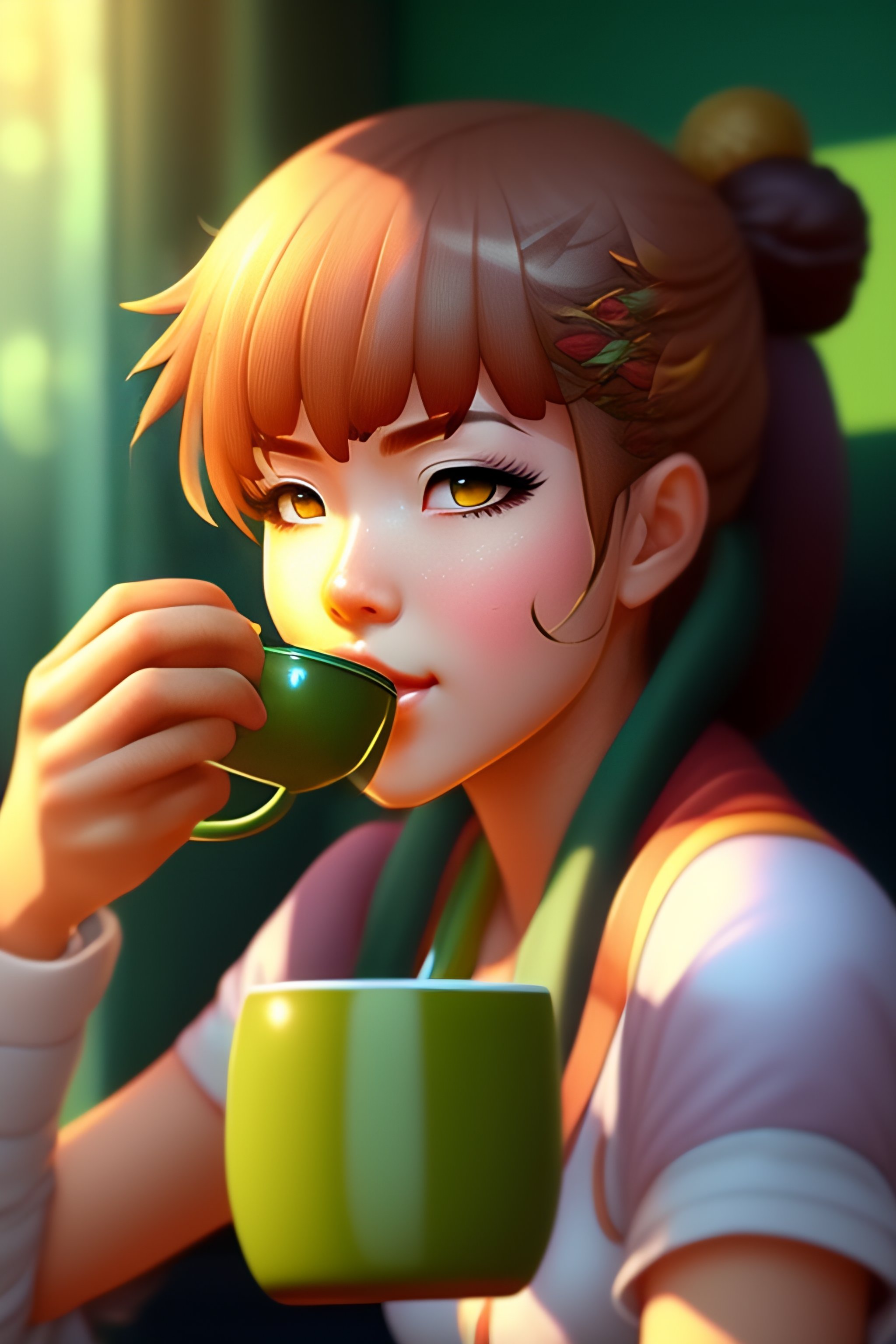 Lexica - High quality image of Misty drinking matcha tea, anime