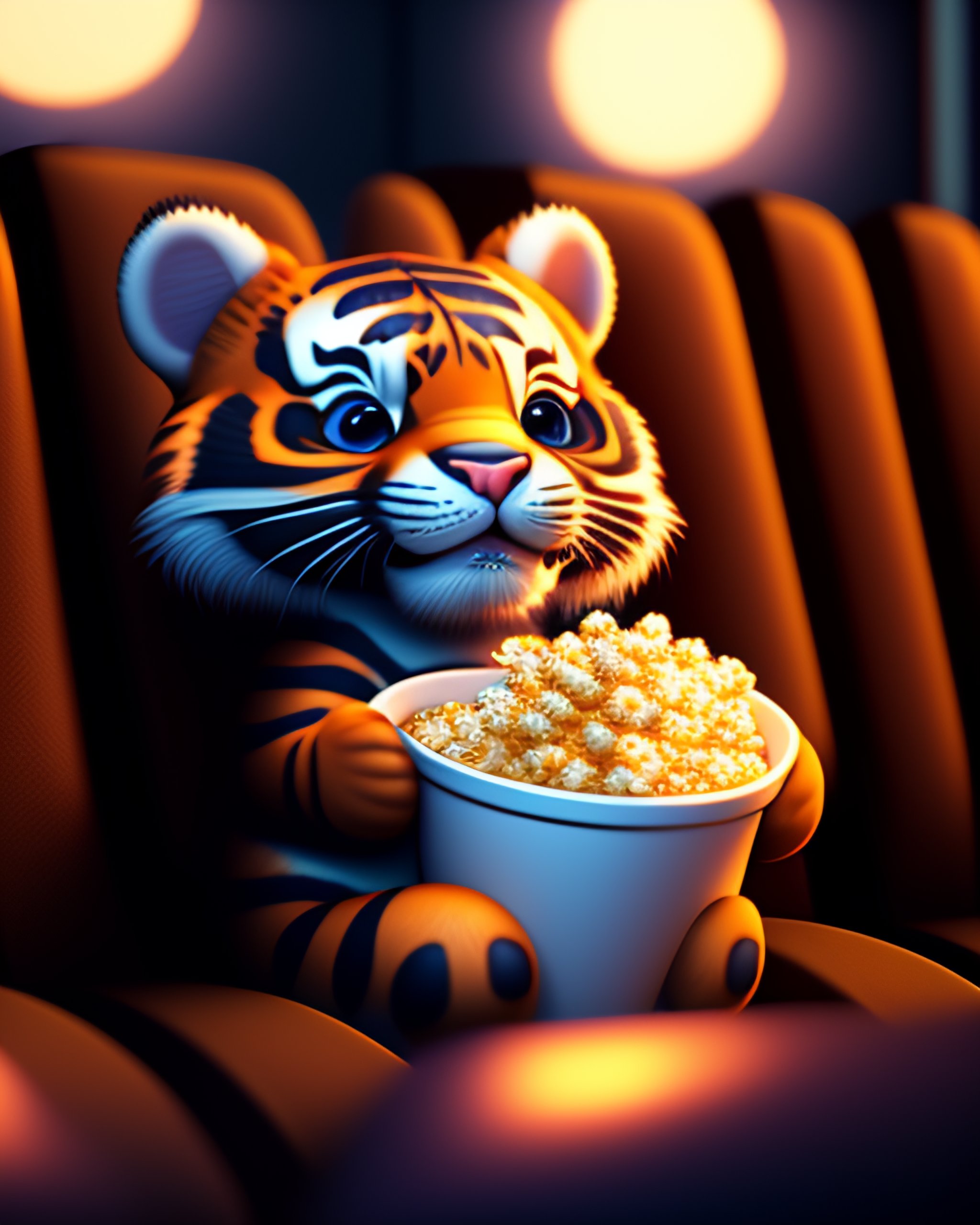 Lexica - Cute small tiger sitting in a movie theater eating popcorn ...