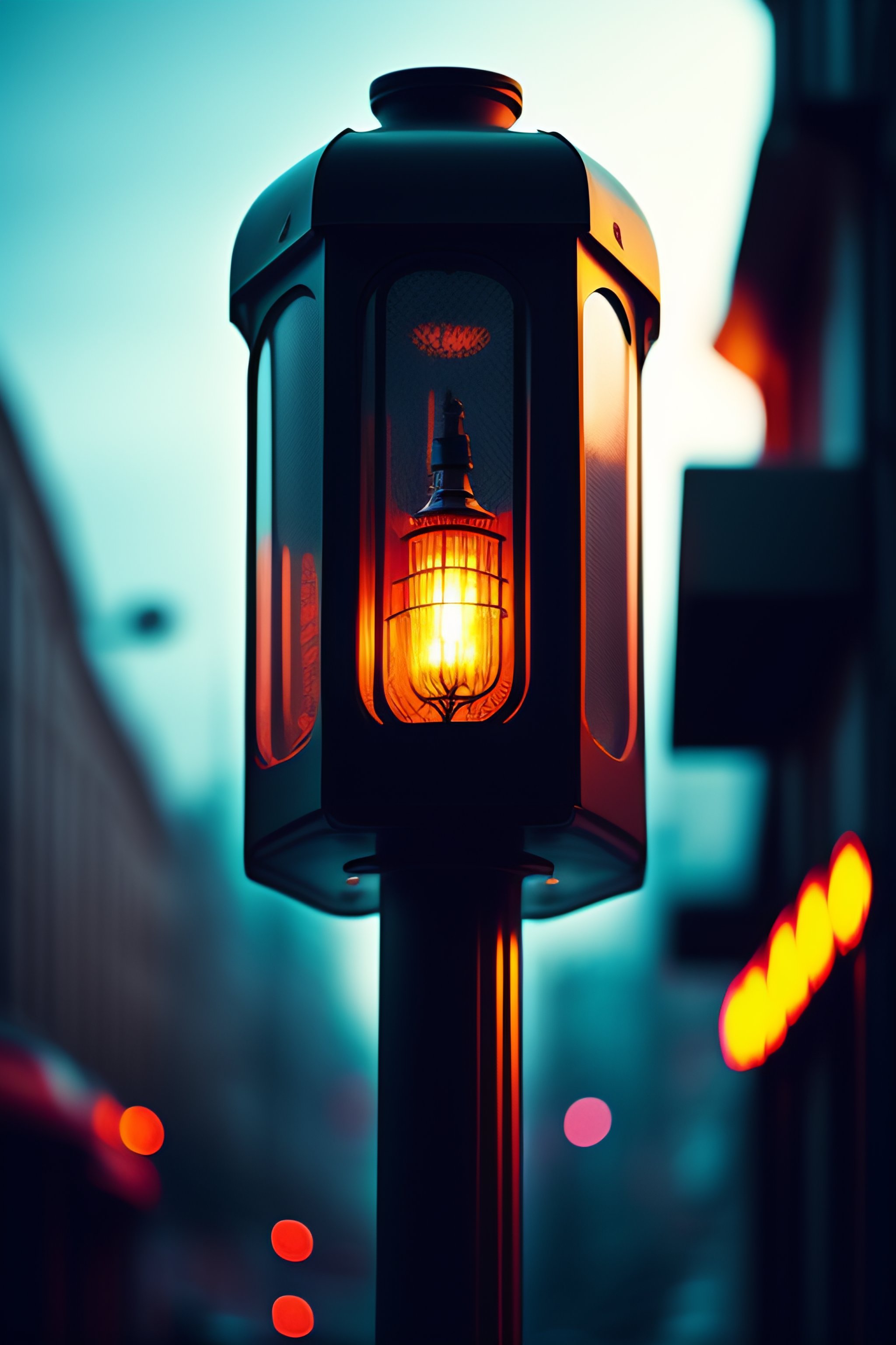 Lexica - Cyberpunk, town, lightpost, night,