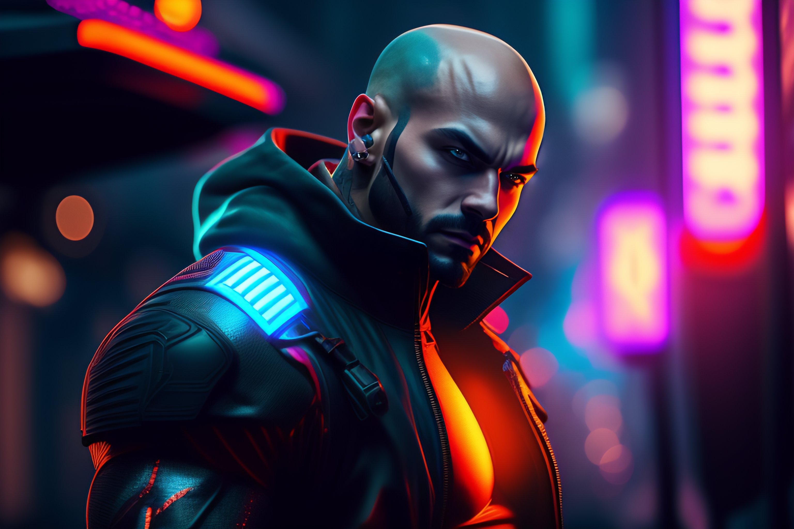 Lexica - Action shot of a bald cyberpunk man with cyberneticaly ...