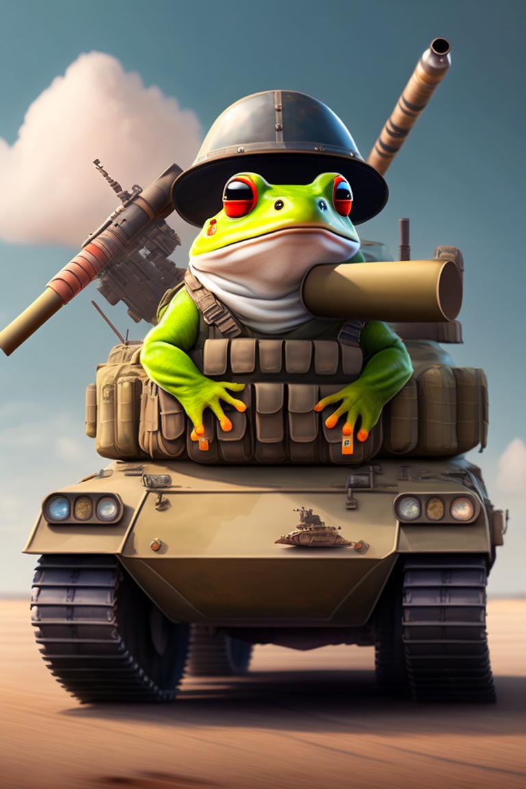 Lexica - A frog wears a military uniform, drives a tank with a bazooka ...