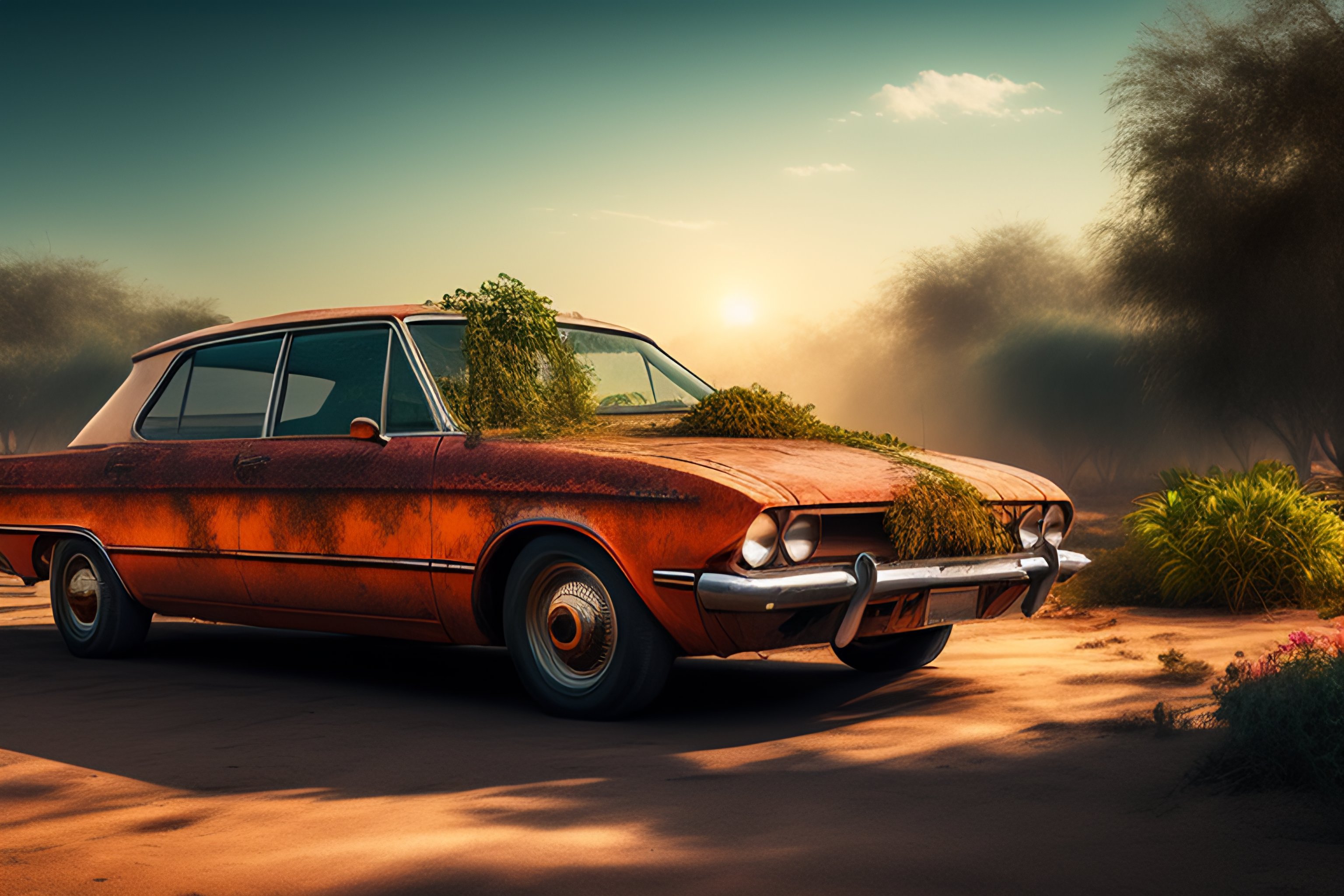 Lexica - 4k view of a car covered in vegetation with rusty body side of ...