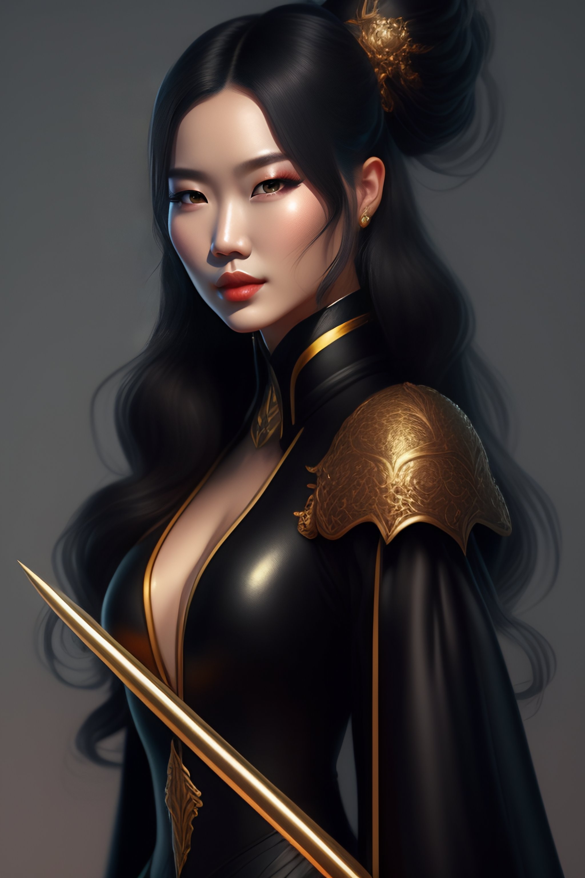 Lexica - A woman in a black outfit holding a wand, a character portrait by Lü Ji, trending on ...