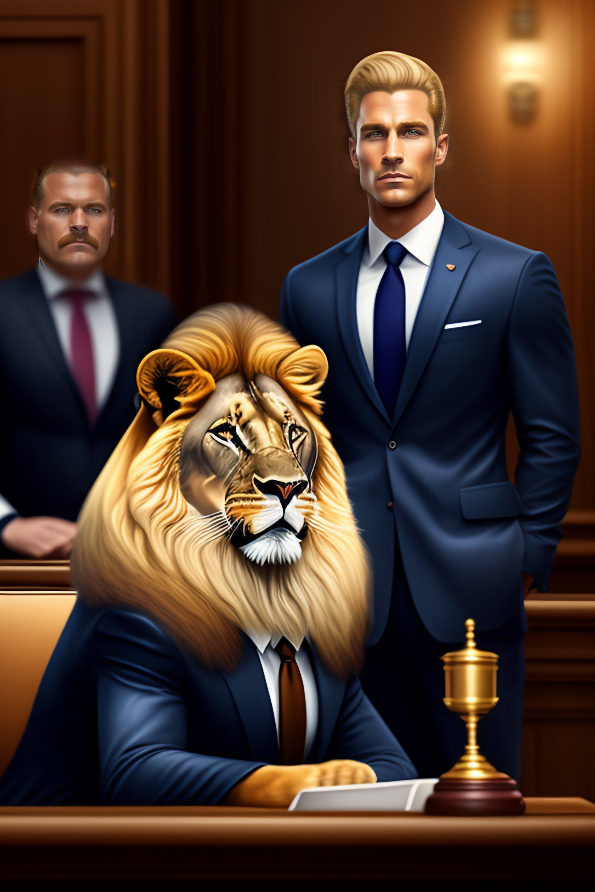 Lexica - Award-winning photo of a lion lawyer standing in court, navy ...