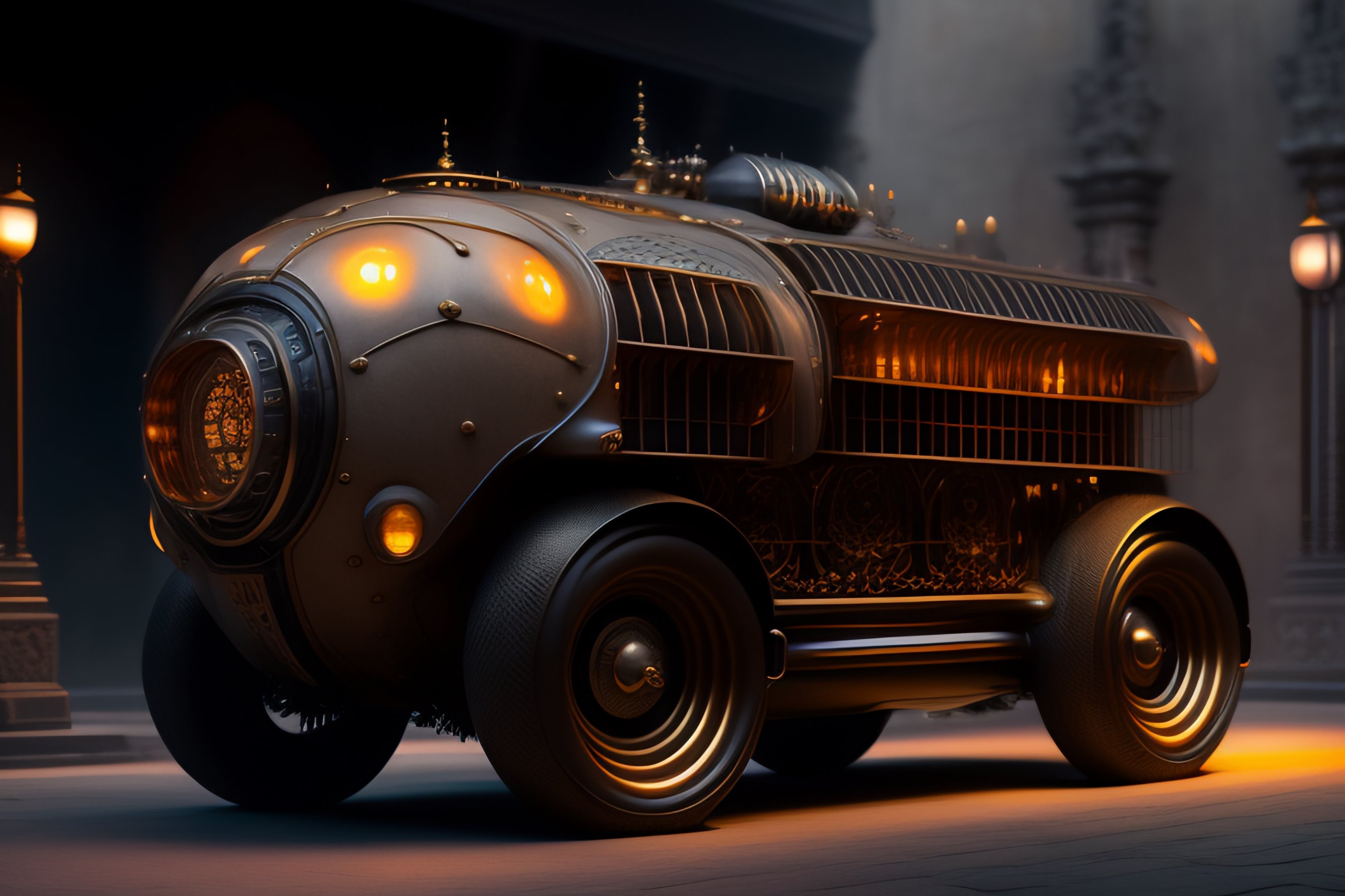 Lexica - Wide shot of a minimal biomechanical steampunk vehicle ...