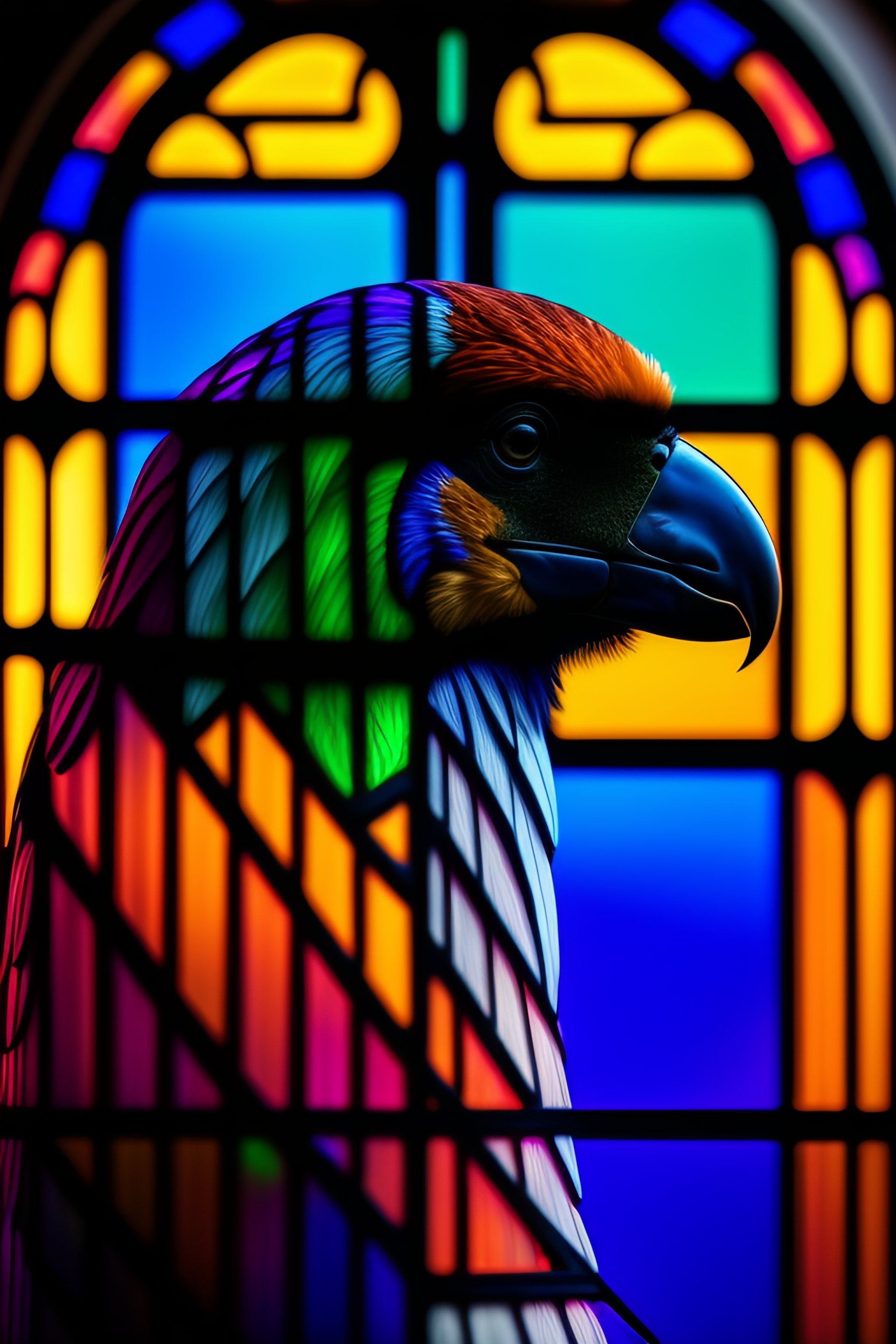 Lexica - “A stained glass window depicting a condor in a cyberpunk style