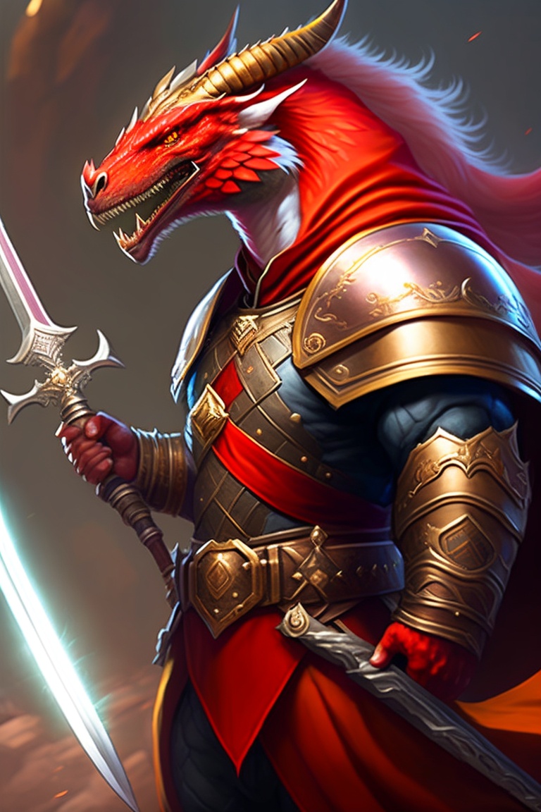 Lexica - D&D champ. dragonborn red dragon, paladin with a sword